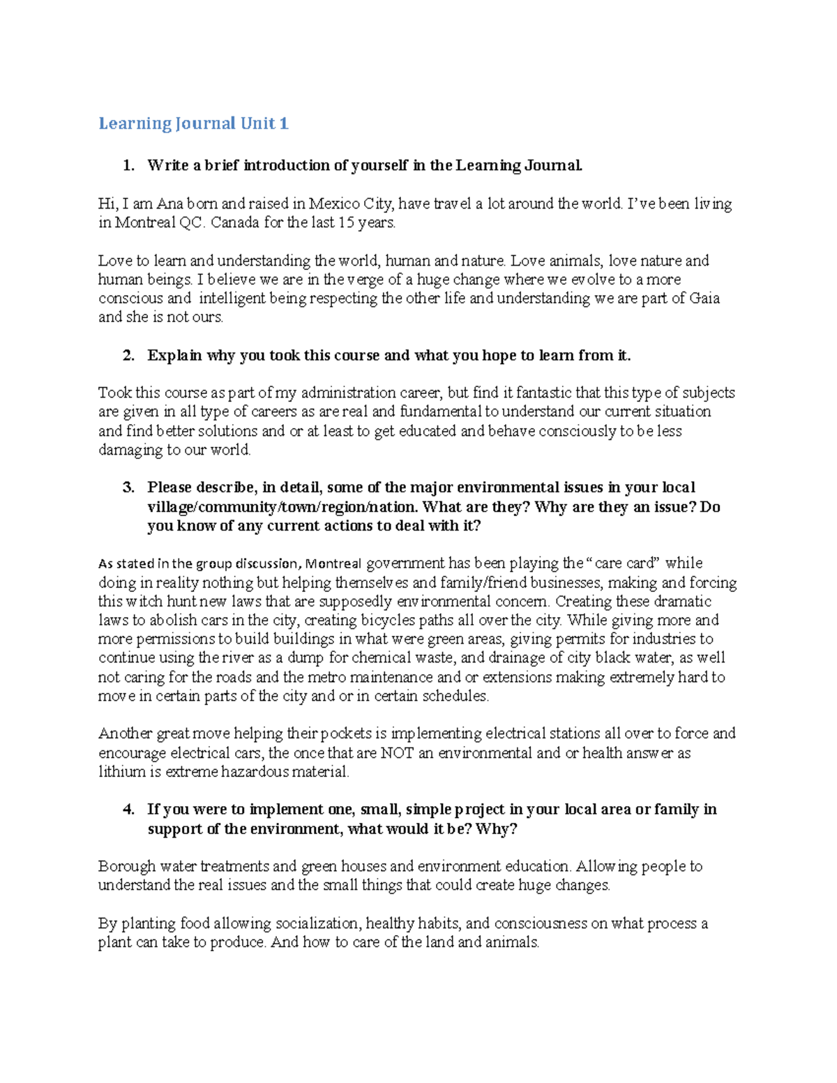 Envs Learning Journal Unit 1 Learning Journal Unit 1 Write A Brief Introduction Of Yourself In