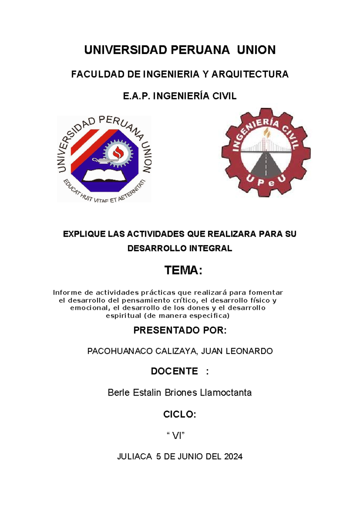 361982330 CARAtula de Upeu - UNIVERSIDAD PERUANA UNION FACULDAD DE INGENIERIA Y ARQUITECTURA E.A ...