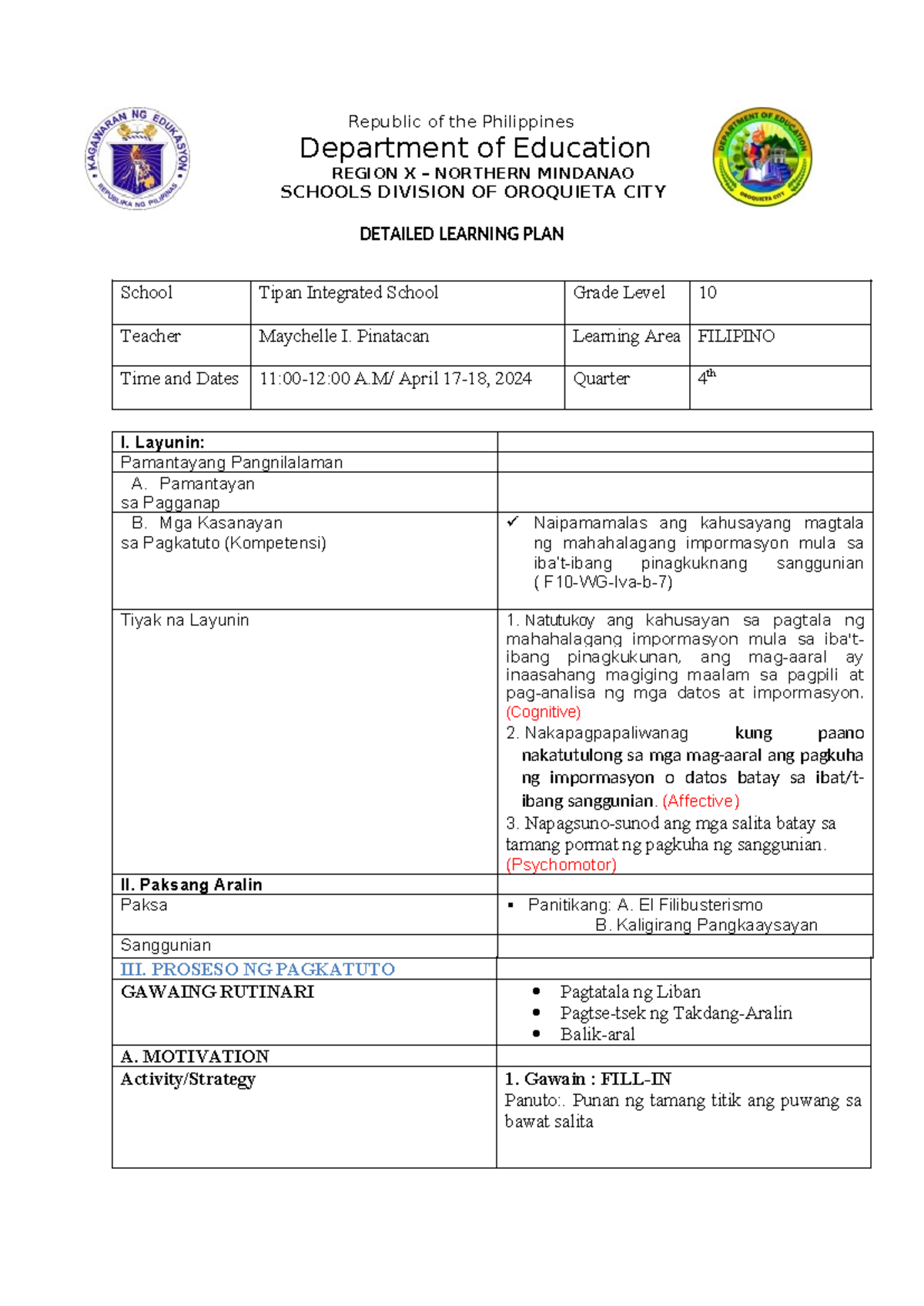 4a's lesson plan - Republic of the Philippines Department of Education ...