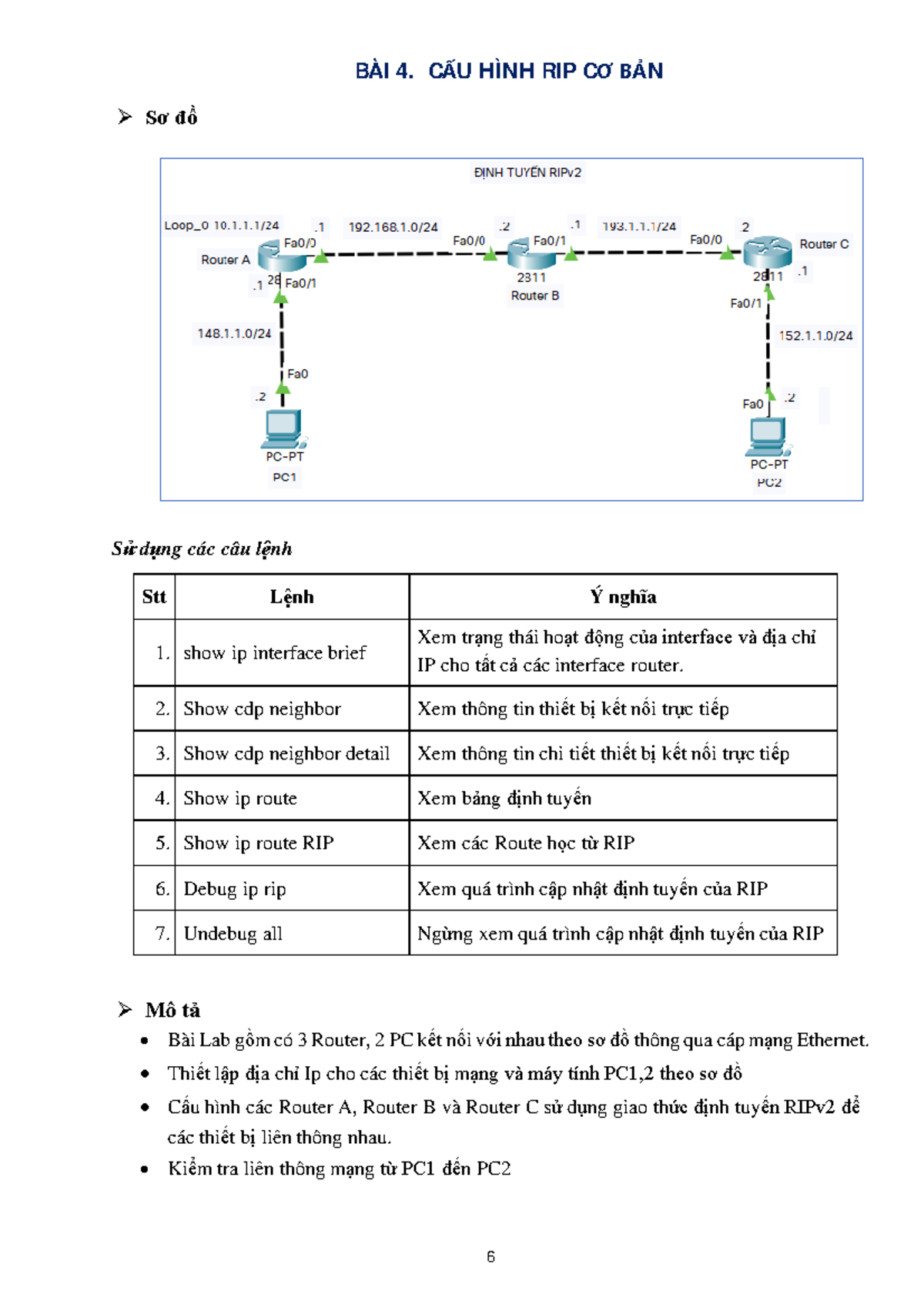 9.SỬ DỤNG PHẦN MỀM Packet Tracer - 6 BÀI 4. CẤU HÌNH RIP CƠ BẢN Sơ đồ ...