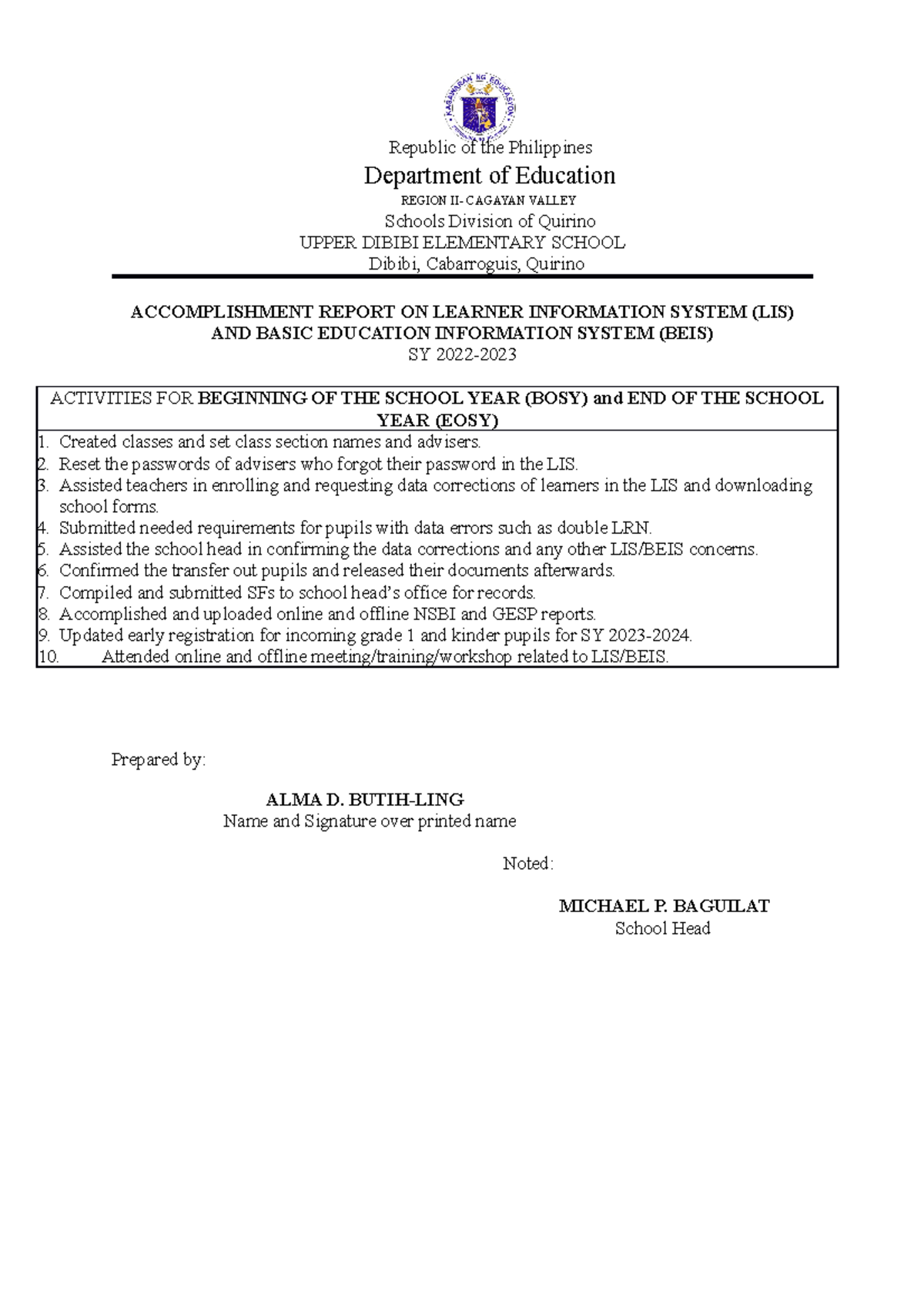 LIS accomplishment - Republic of the Philippines Department of ...