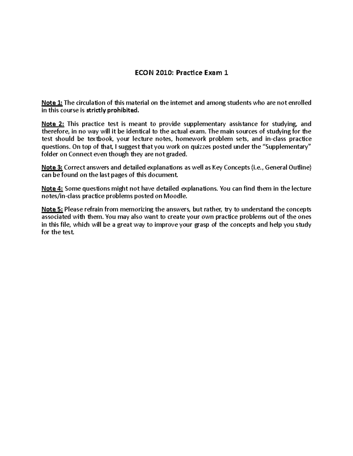 Practice Exam 1 and Outline[ 638] - ECON 2010: Practice Exam 1 Note 1 ...