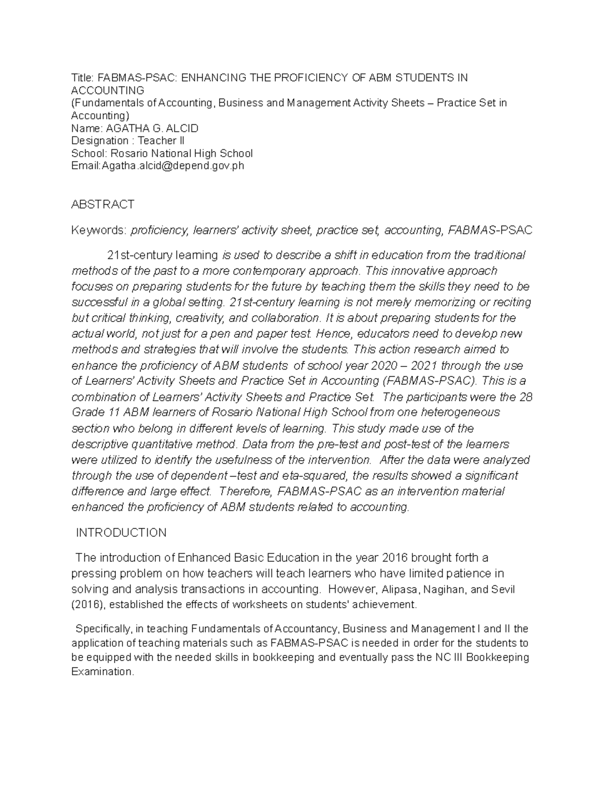 Aimrad - essay - Title: FABMAS-PSAC: ENHANCING THE PROFICIENCY OF ABM ...