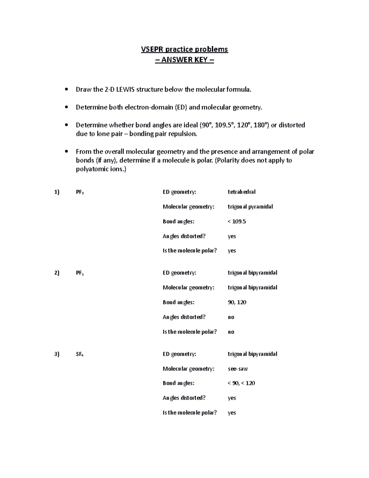 Vsepr practice problems answer key - VSEPR practice problems – ANSWER ...