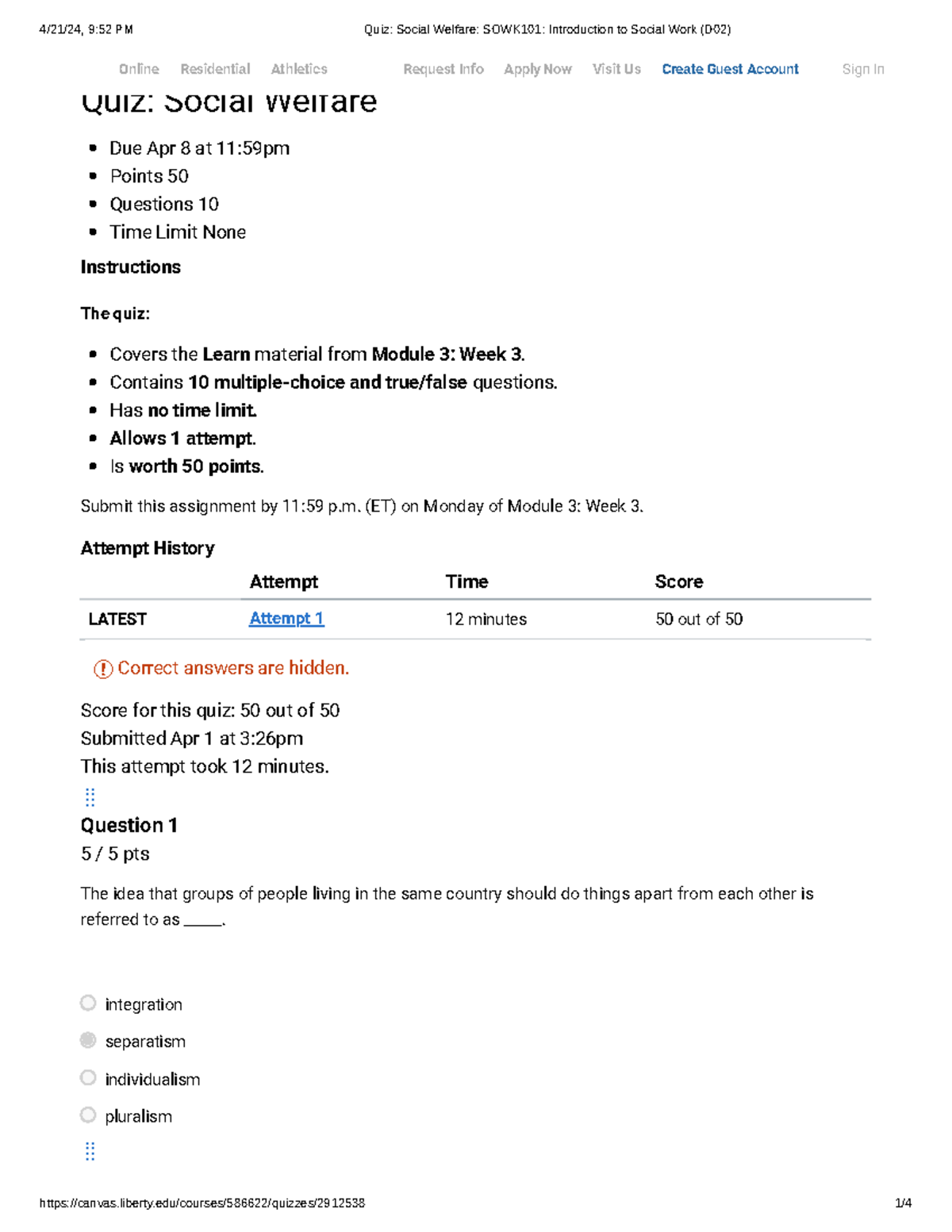 Quiz Social Welfare SOWK101 Introduction to Social Work - Quiz: Social ...