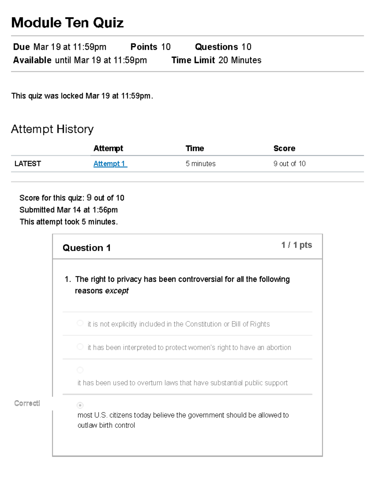 Module Ten Quiz - Module Ten Quiz Due Mar 19 at 11:59pm Points 10 ...