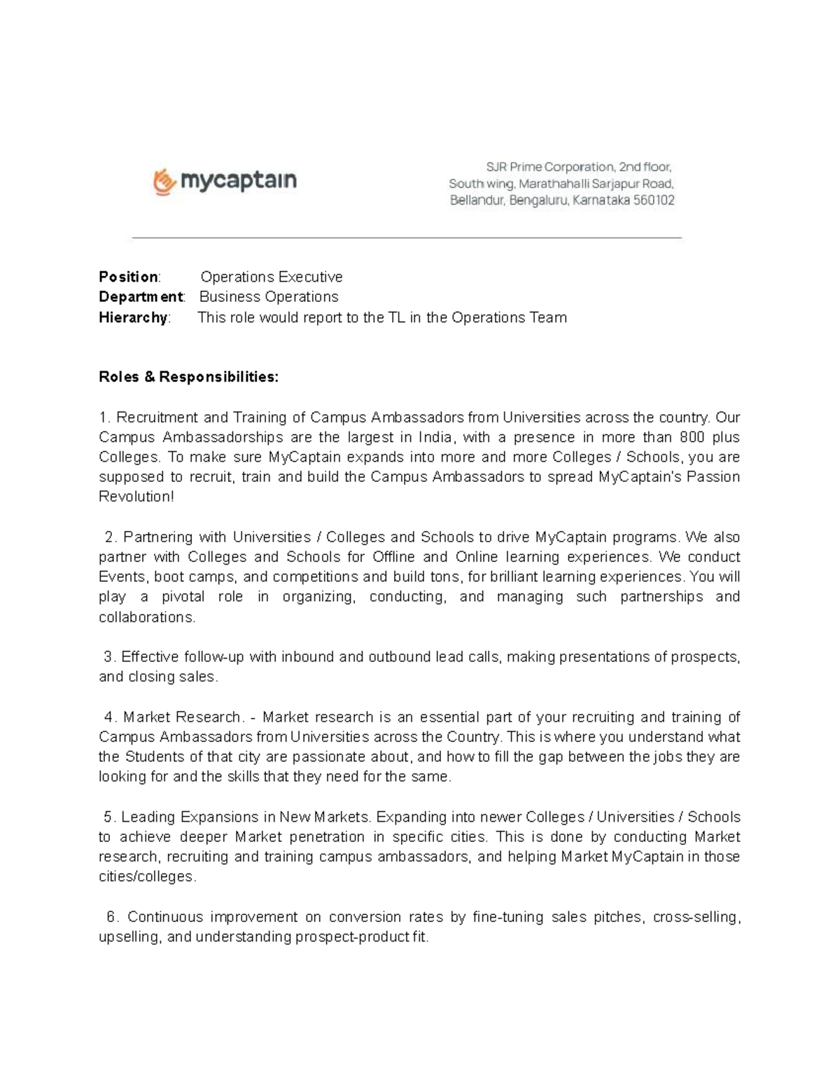 Operations Executive - JD (BOE COE) - Position: Operations Executive Department: Business ...