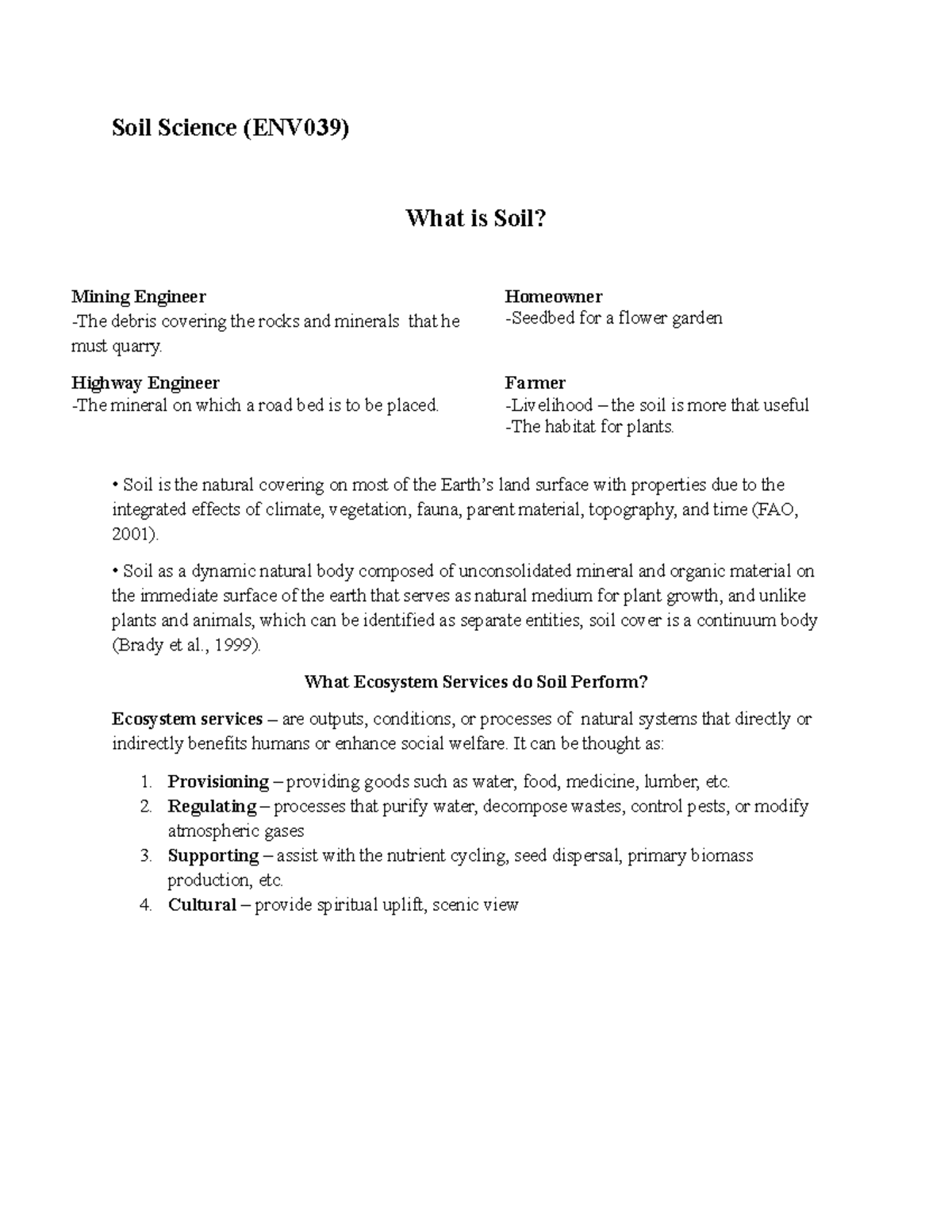 Notes for Lecture 2 - Environmental Science- Soil Science covers ...