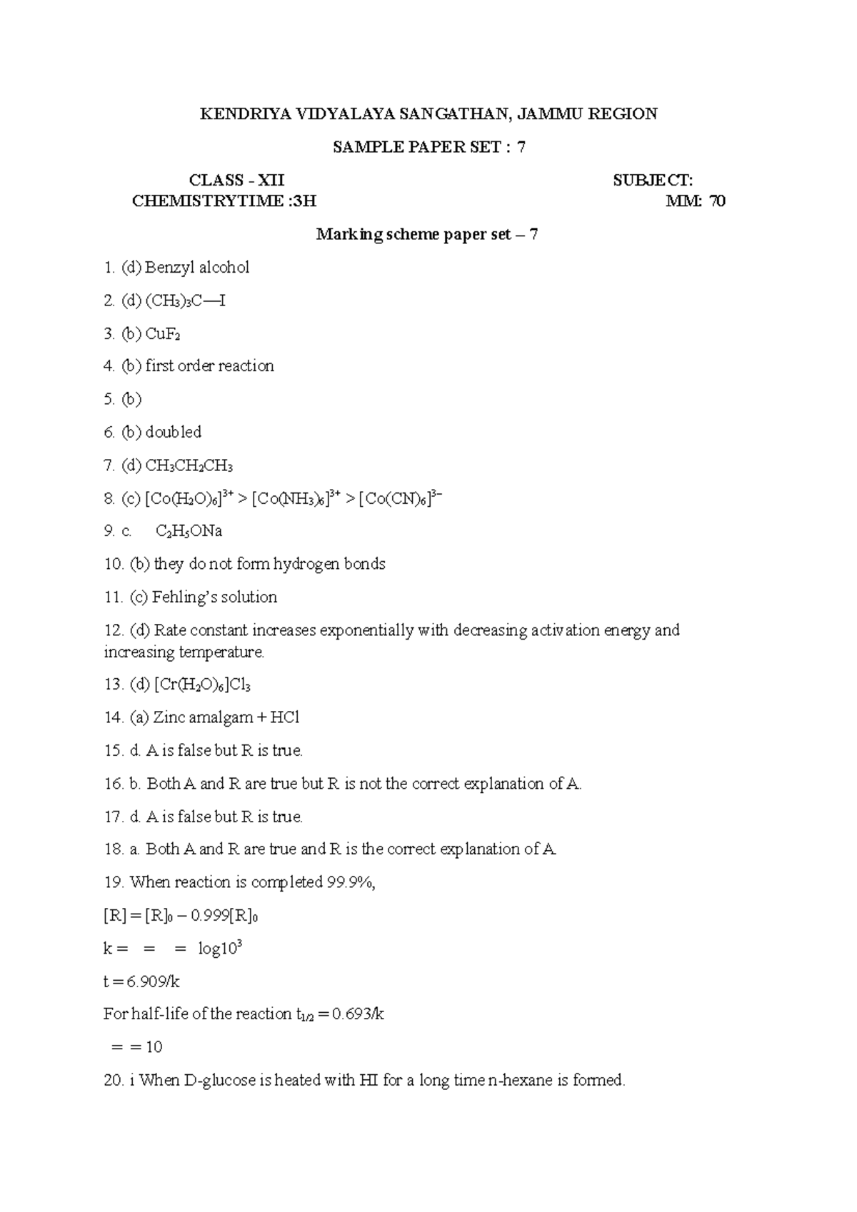 Chemistry Model Paper SET - (7) MS - KENDRIYA VIDYALAYA SANGATHAN ...