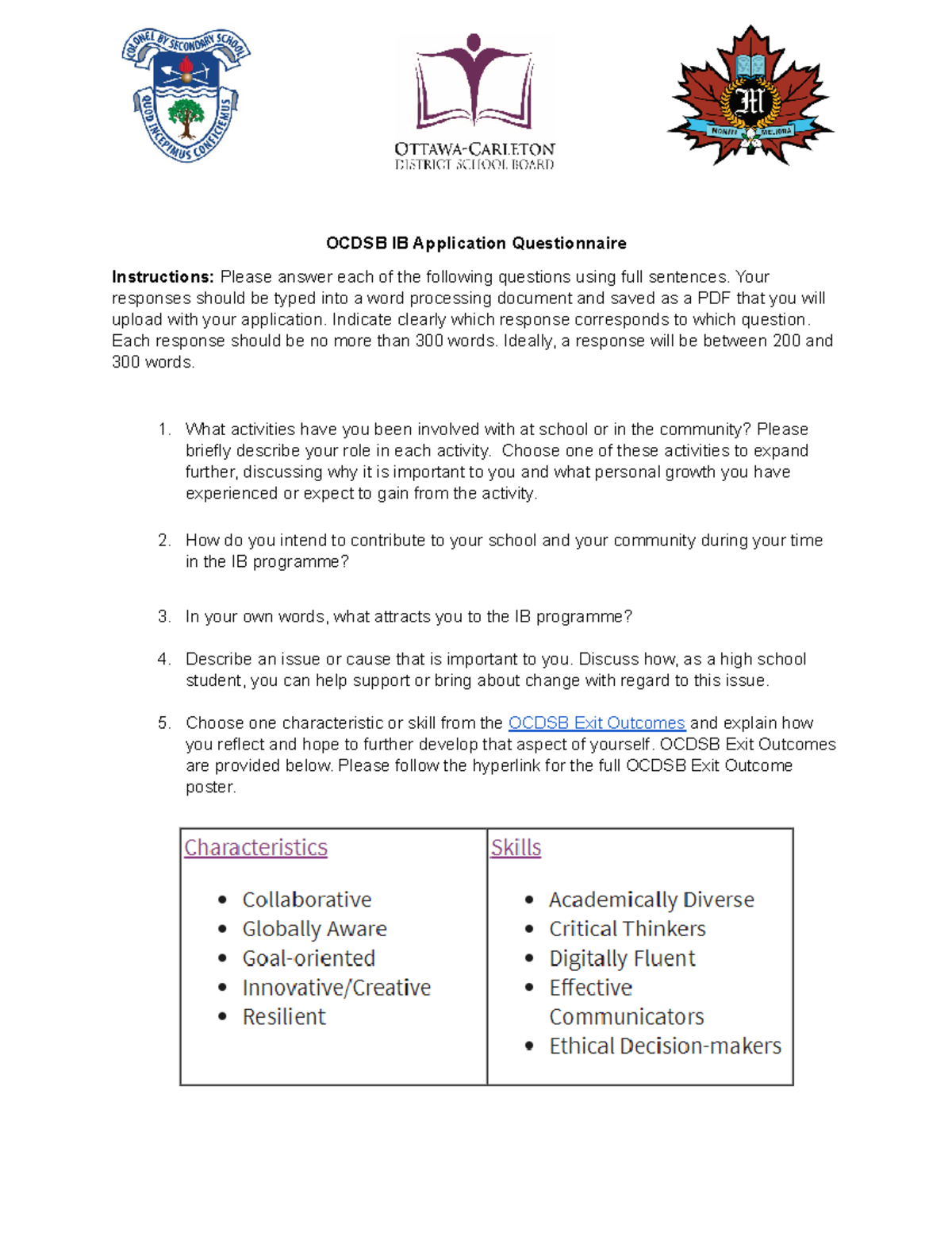 Ocdsb IB Application Questionnaire 23 24 - OCDSB IB Application ...