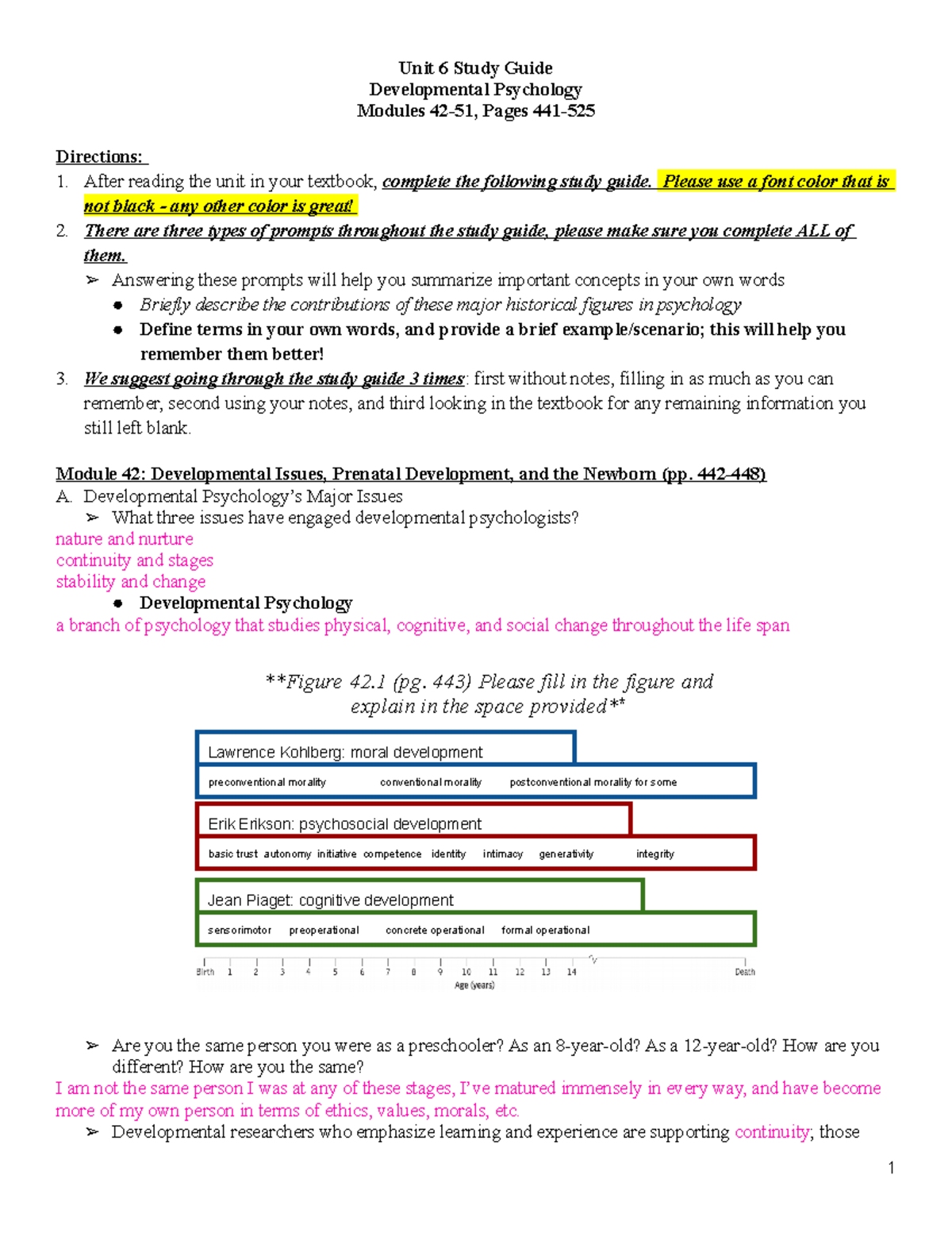 Unit 6 Development SD - Unit 6 Study Guide Developmental Psychology ...