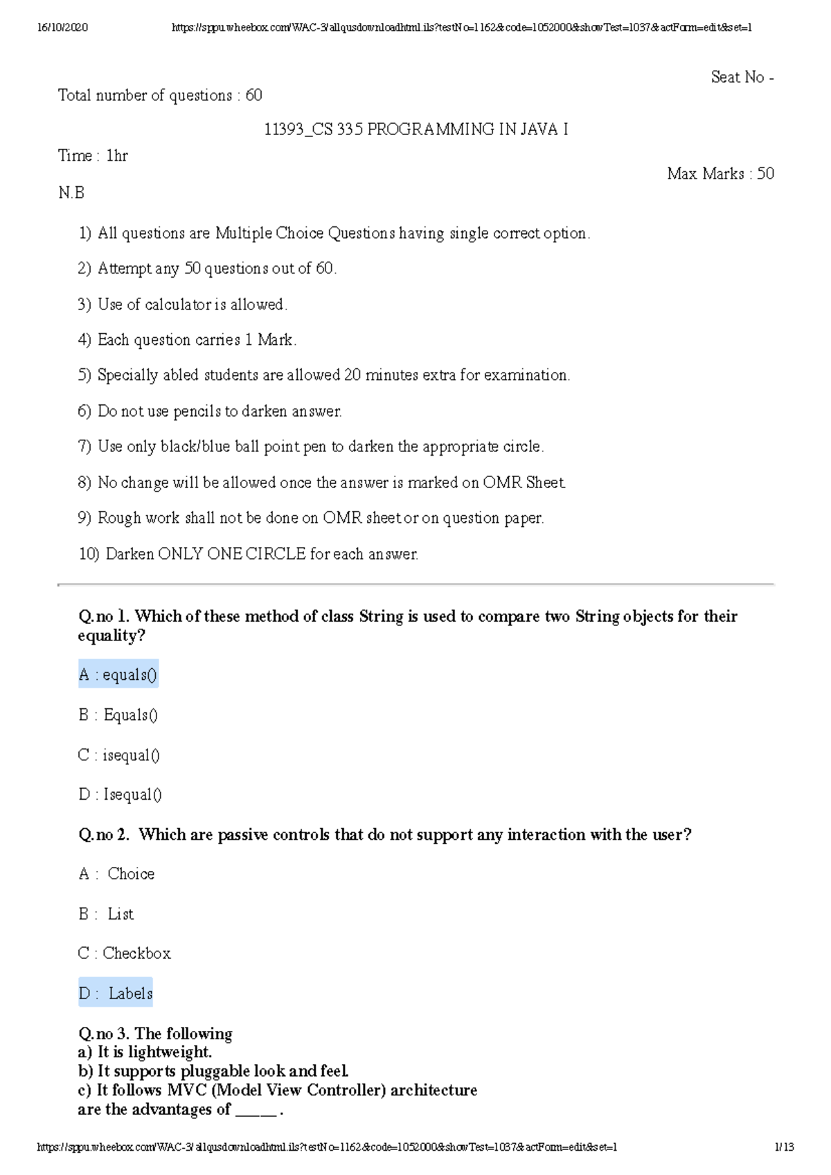 Javaq 4 Java Mcqs Total Number Of Questions 60 Seat No 11393cs 335 Programming In Java