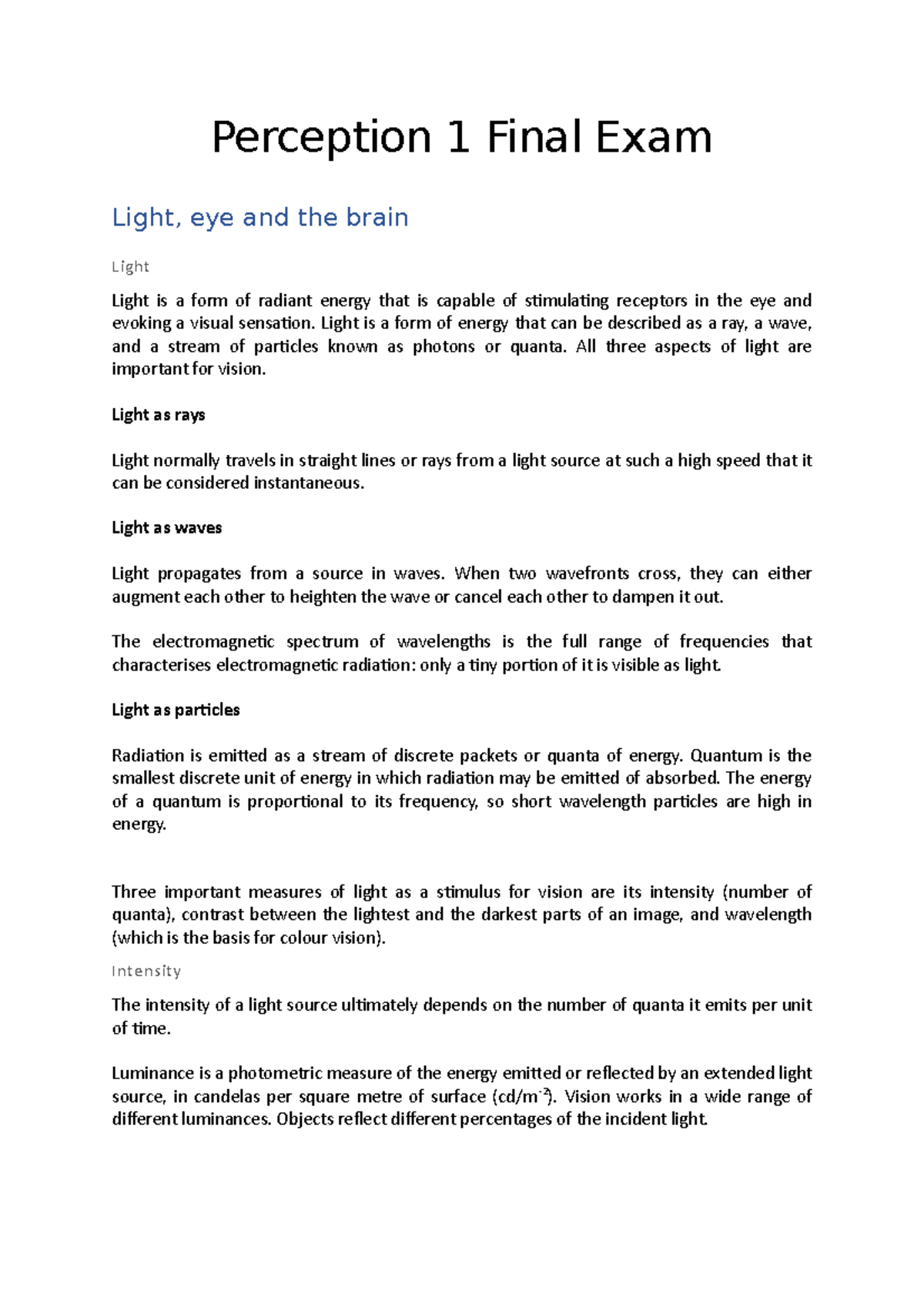 Perception 1 Final Exam Notes - Perception 1 Final Exam Light, eye and ...