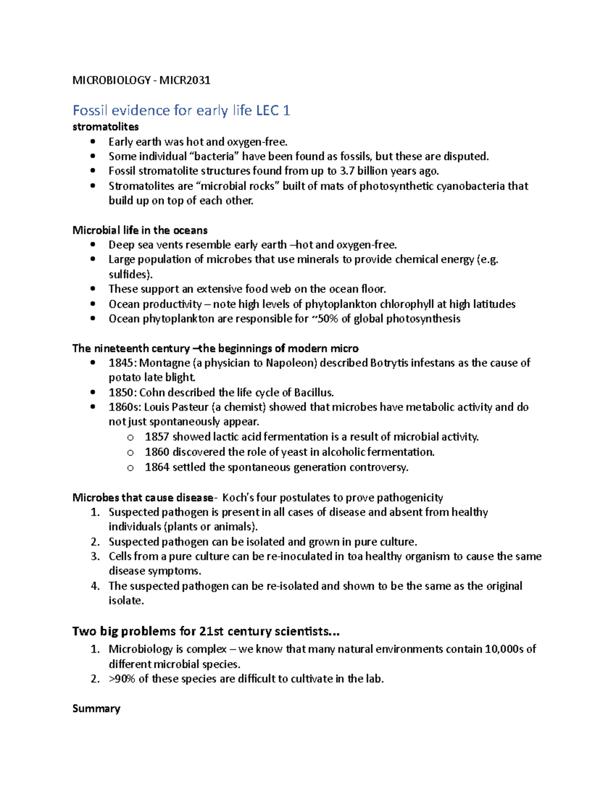 Microbiology Notes - MICROBIOLOGY - MICR Fossil evidence for early life ...