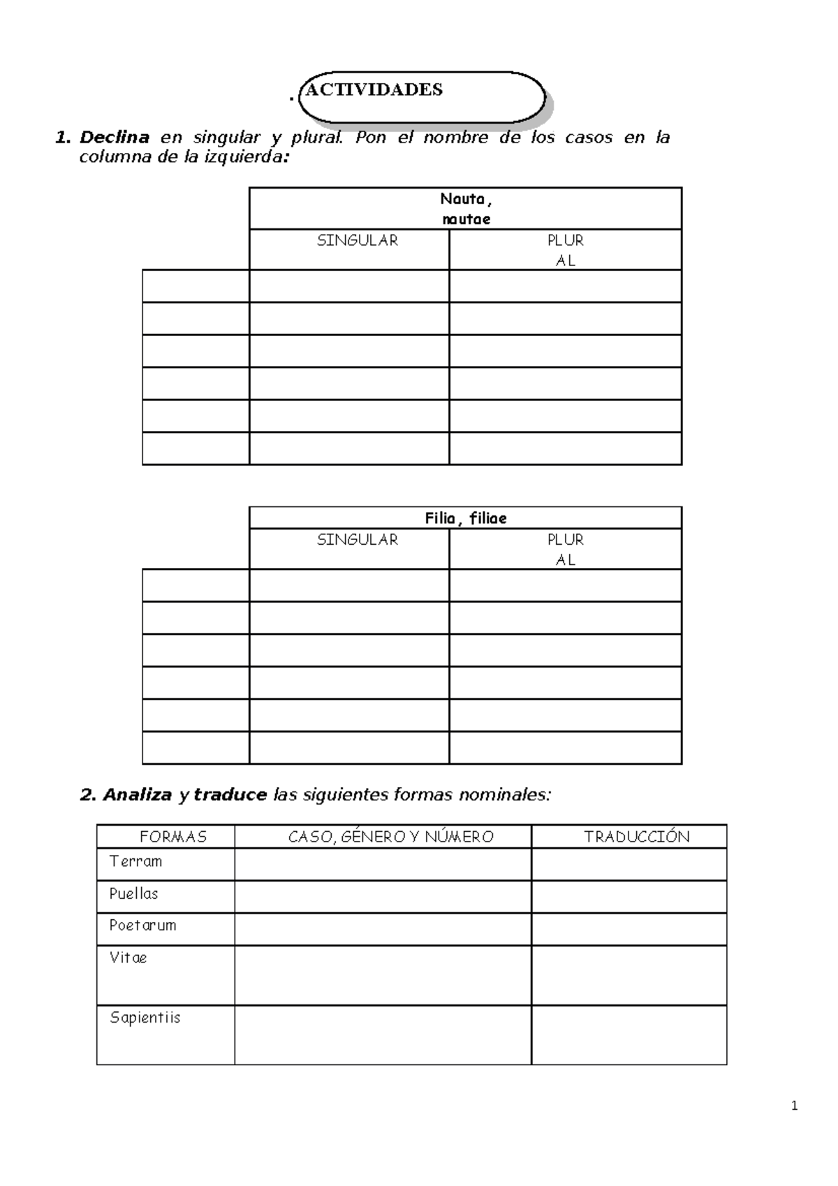 Actividades Primera Declinación - Latín - ACTIVIDADES 1. Declina en ...