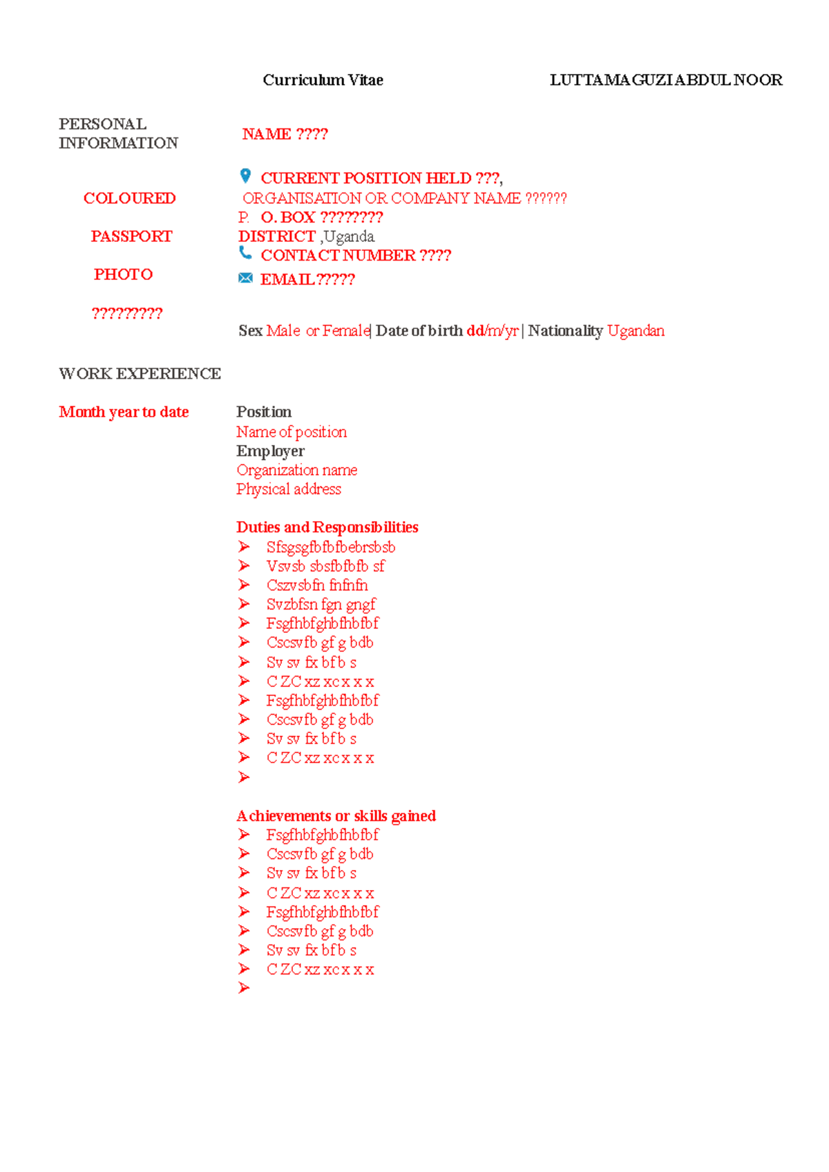 Curriculum vitae template - Curriculum Vitae LUTTAMAGUZI ABDUL NOOR ...
