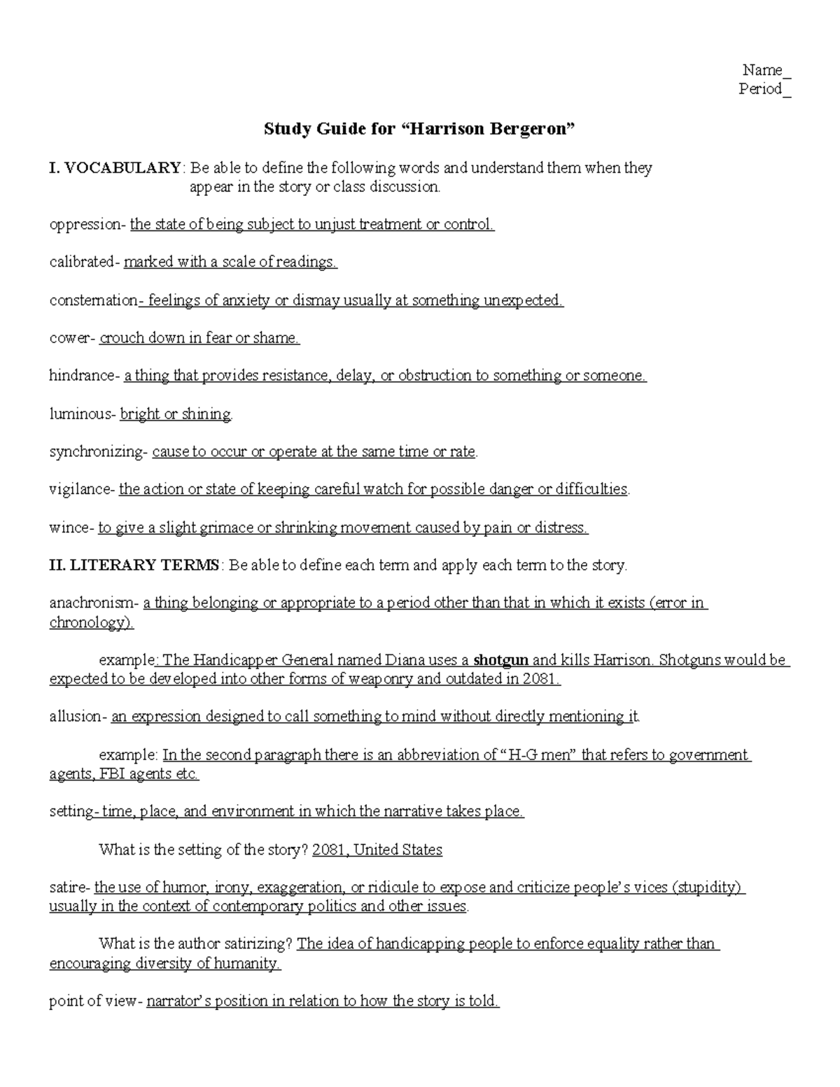 Harrison bergeron study guide - Name_ Period_ Study Guide for “Harrison ...