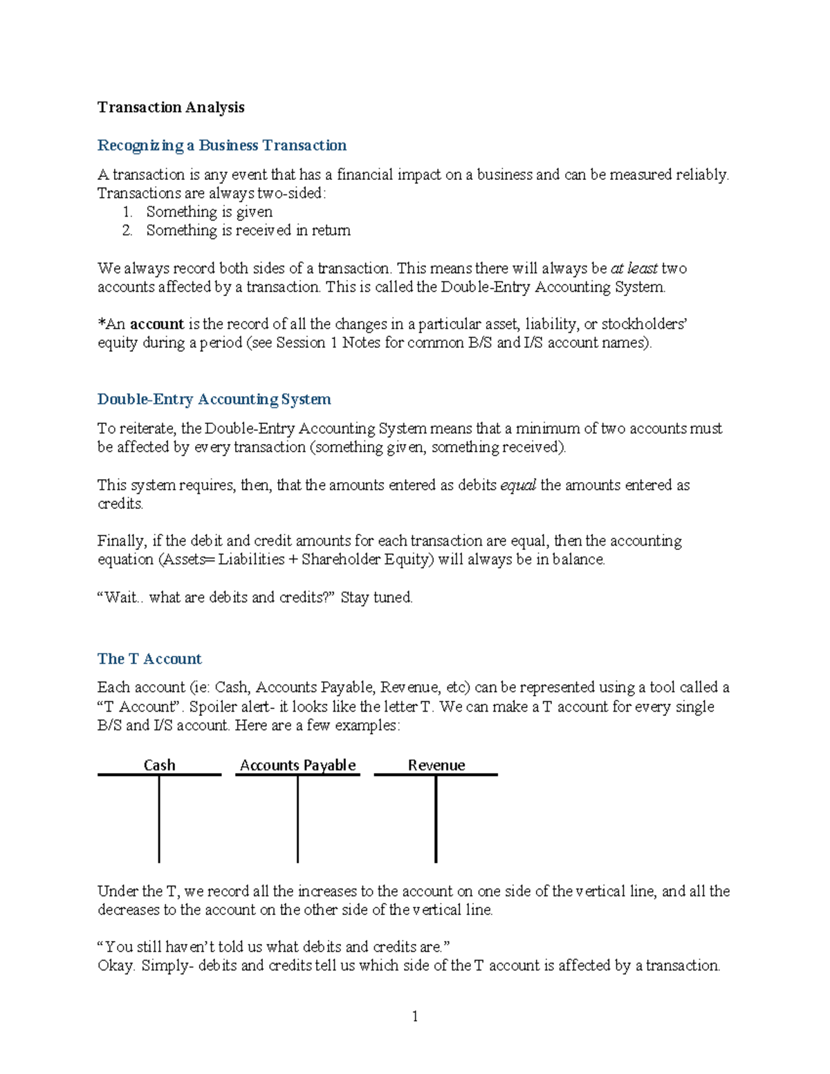 Section 2- Transaction Analysis - Transaction Analysis Recognizing a ...