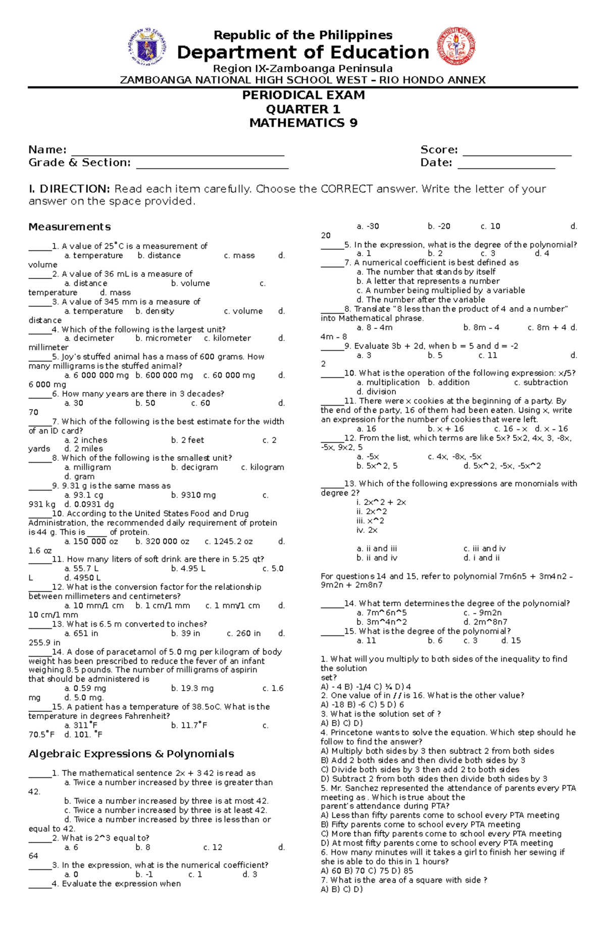 1ST Periodical EXAM MATH 7 q2 - Republic of the Philippines Department ...