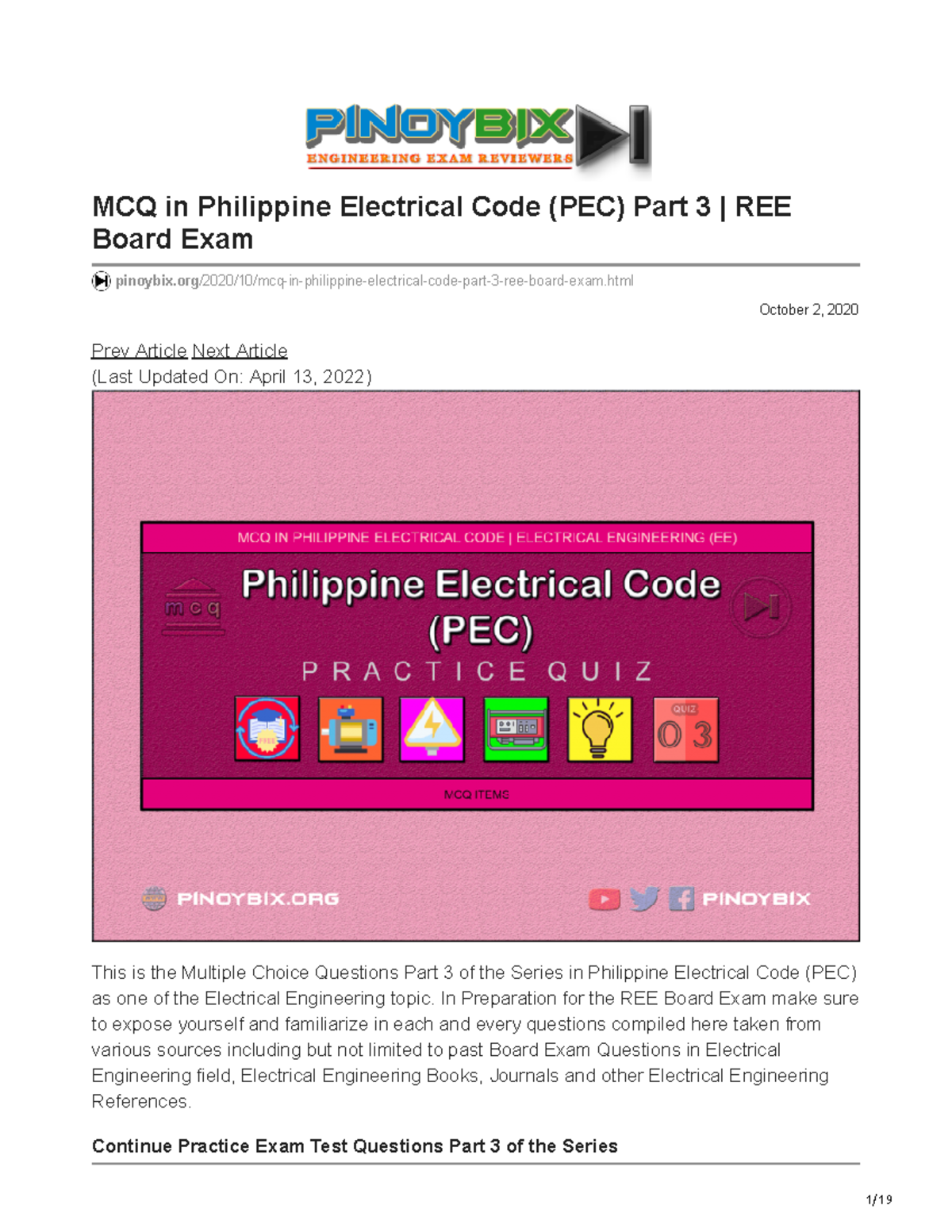 Pinoybix.org-MCQ in Philippine Electrical Code PEC Part 3 REE Board ...
