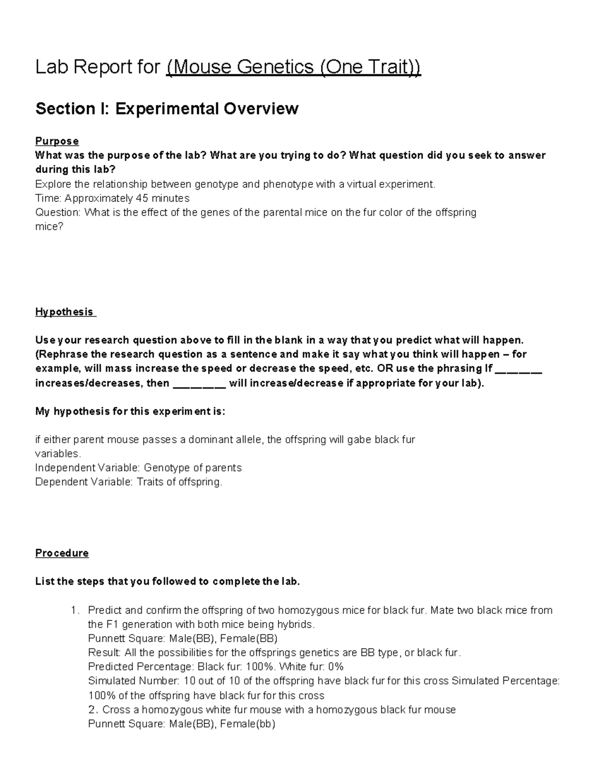 Digital Template Lab Report - Lab Report for (Mouse Genetics (One Trait ...