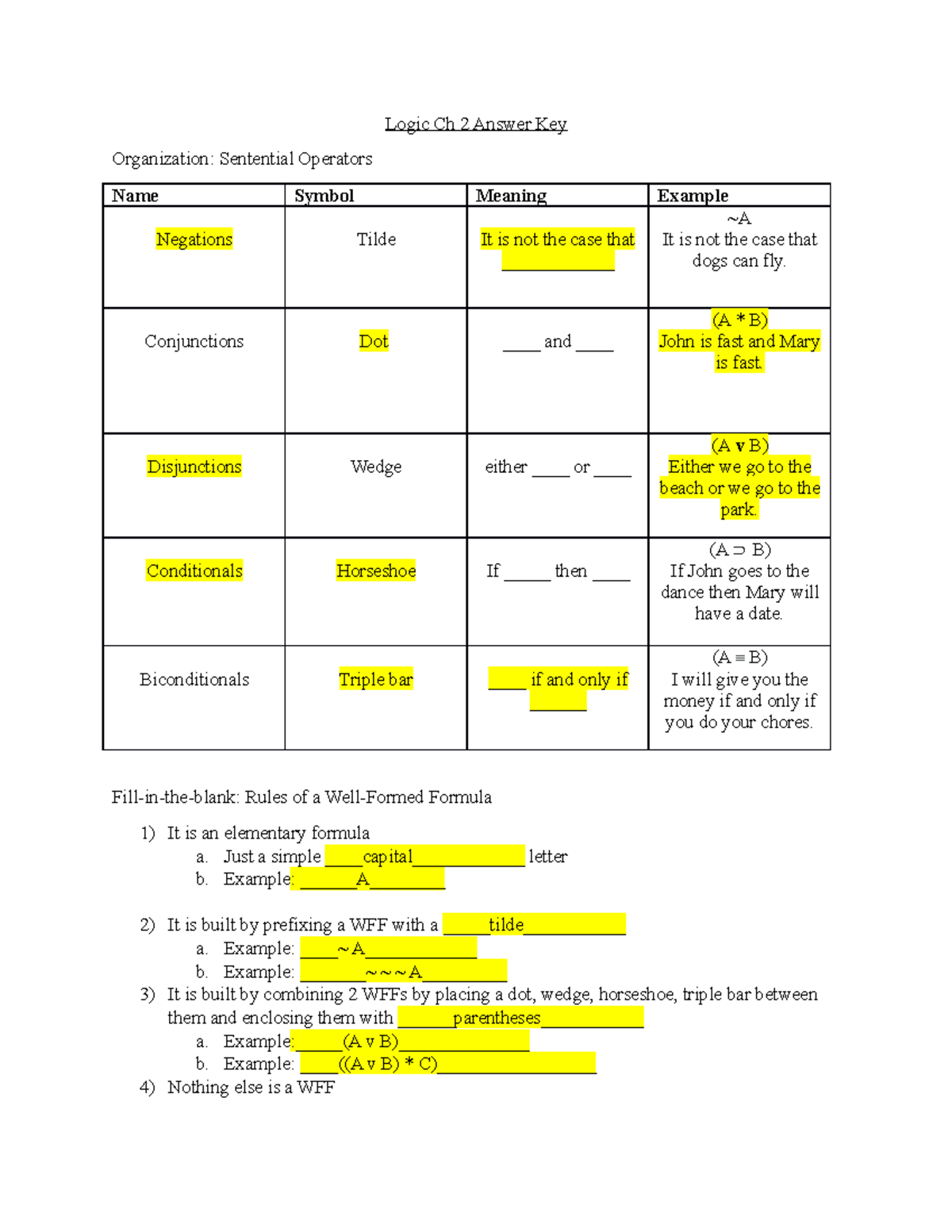 Sentential Operators Study Guide - Logic Ch 2 Answer Key Organization: Sentential Operators Name ...