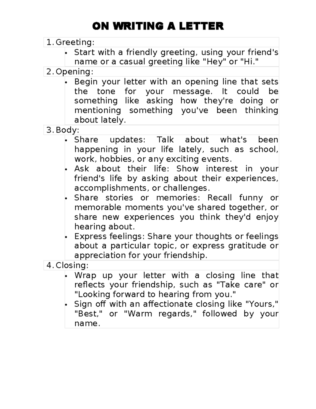 On writing a letter - ON WRITING A LETTER 1. Greeting: Start with a ...