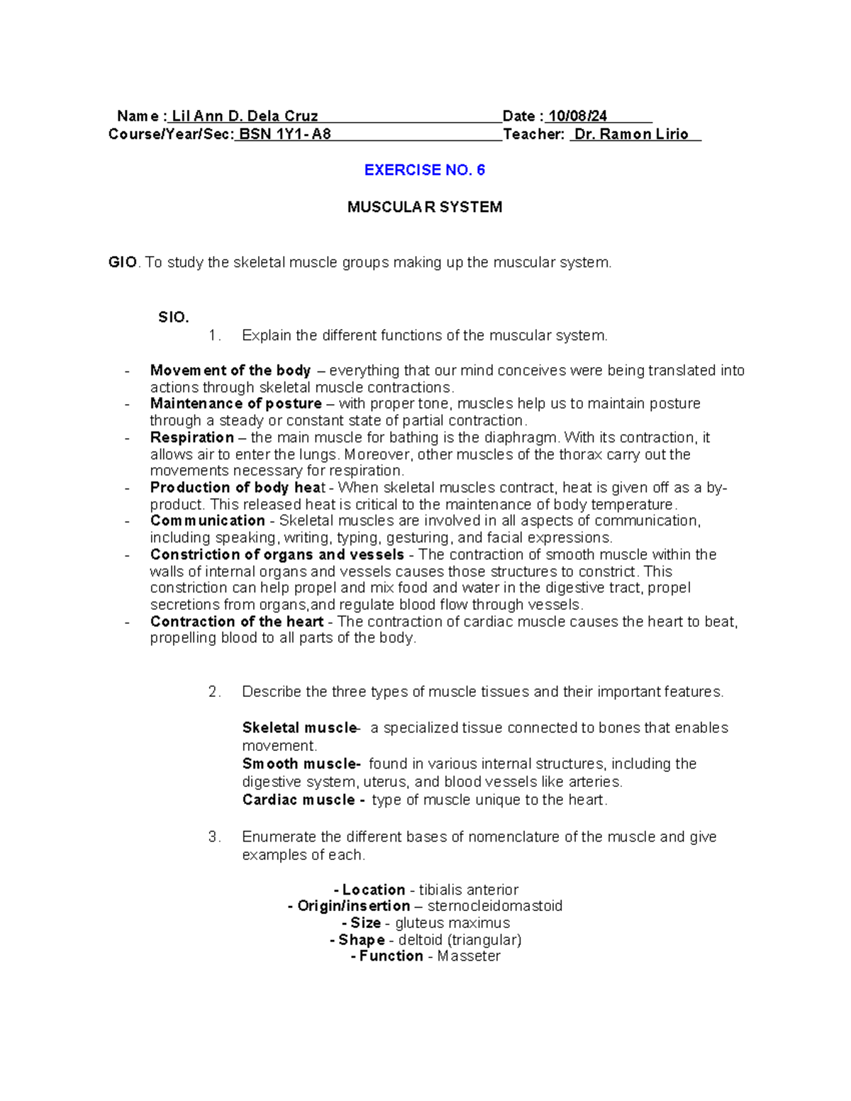 LAB Exercise Muscular System - Name : Lil Ann D. Dela Cruz Date : 10/08 ...