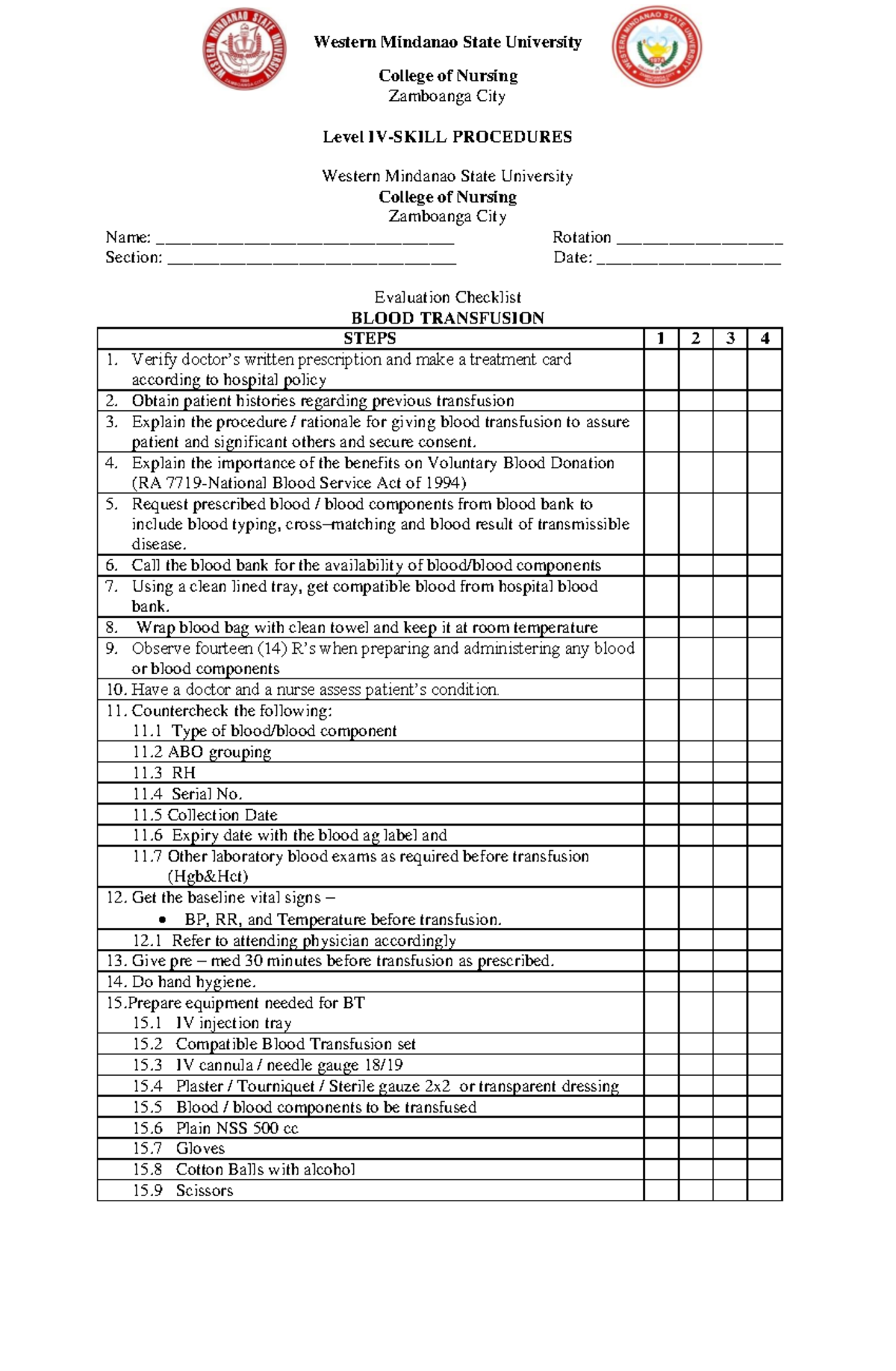 Blood Transfusion: Step by step (RLE) - Western Mindanao State ...