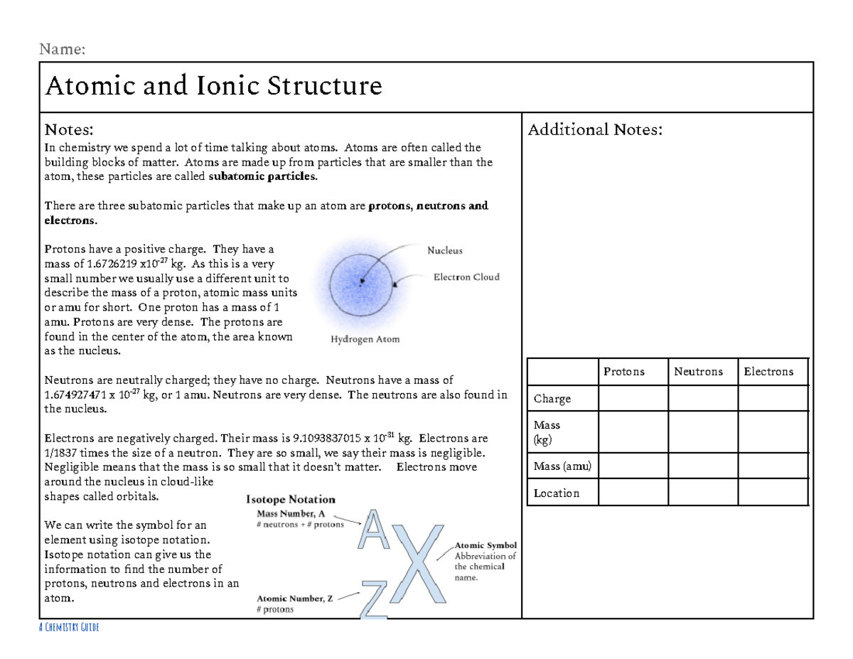 Chemistry ion structure hw - Name: Atomic and Ionic Structure Notes: In ...