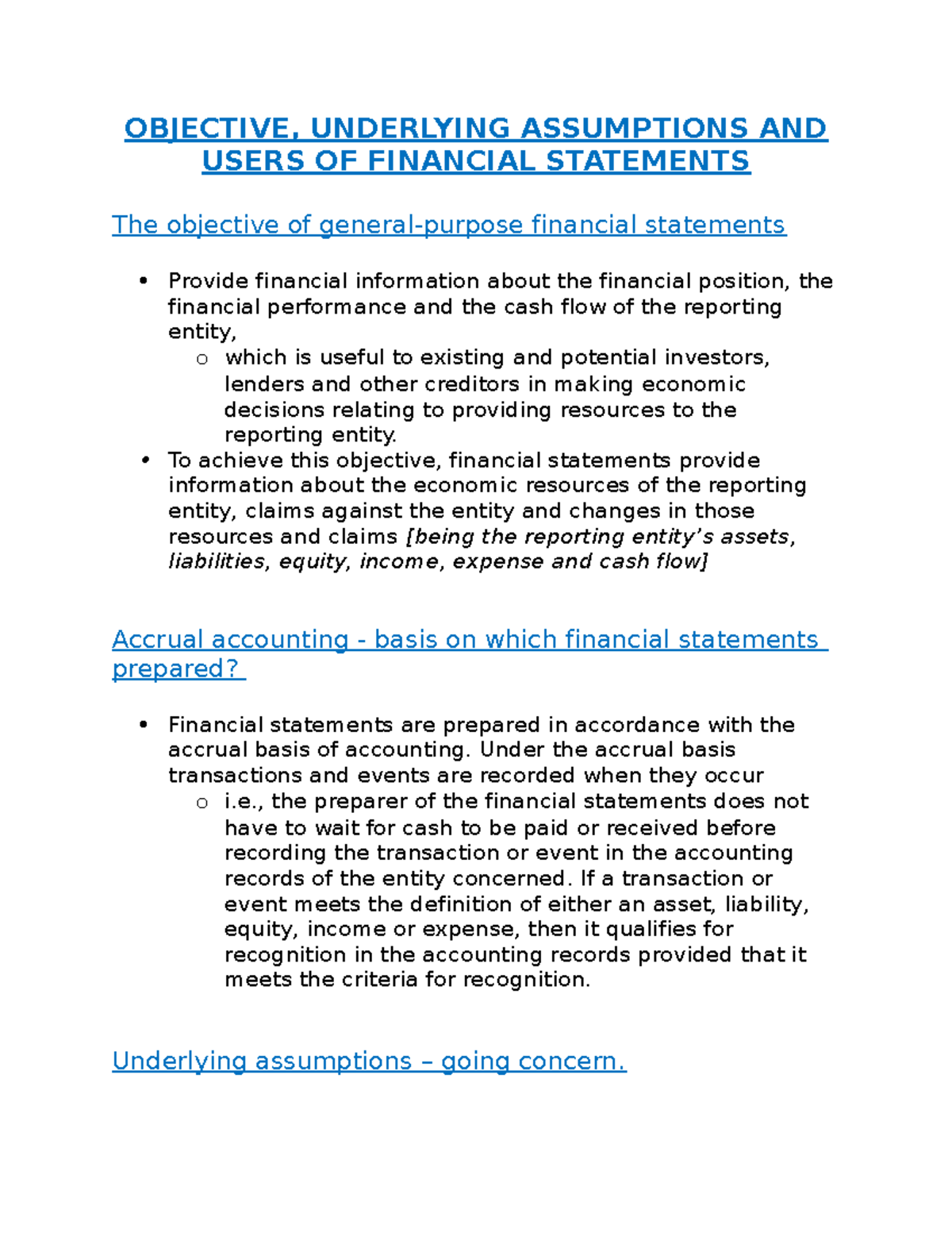 UNIT 1 - Summary Accounting - OBJECTIVE, UNDERLYING ASSUMPTIONS AND USERS OF FINANCIAL ...