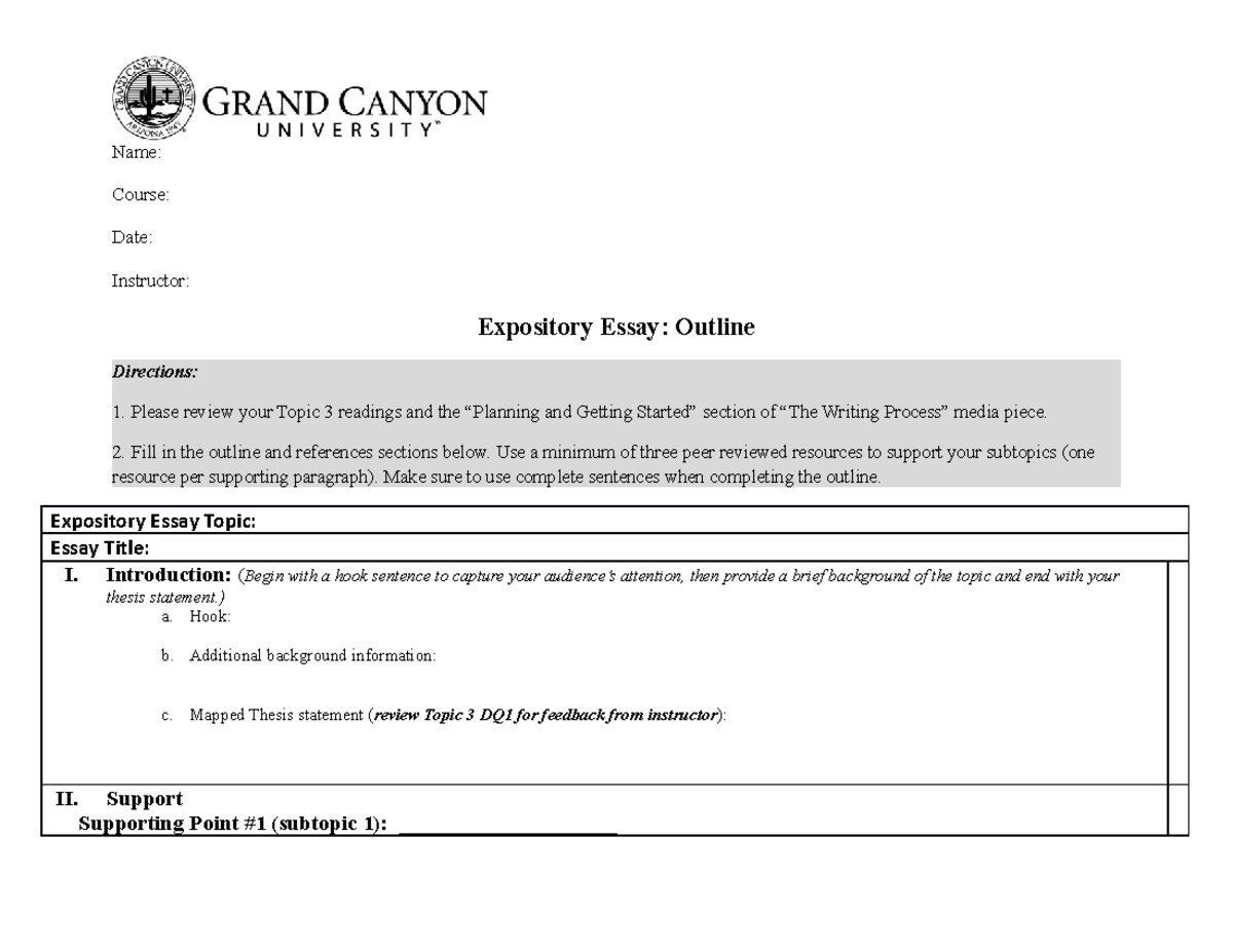 UNV 104 RS T3 Expository Essay Outline - Name: Course: Date: Instructor ...