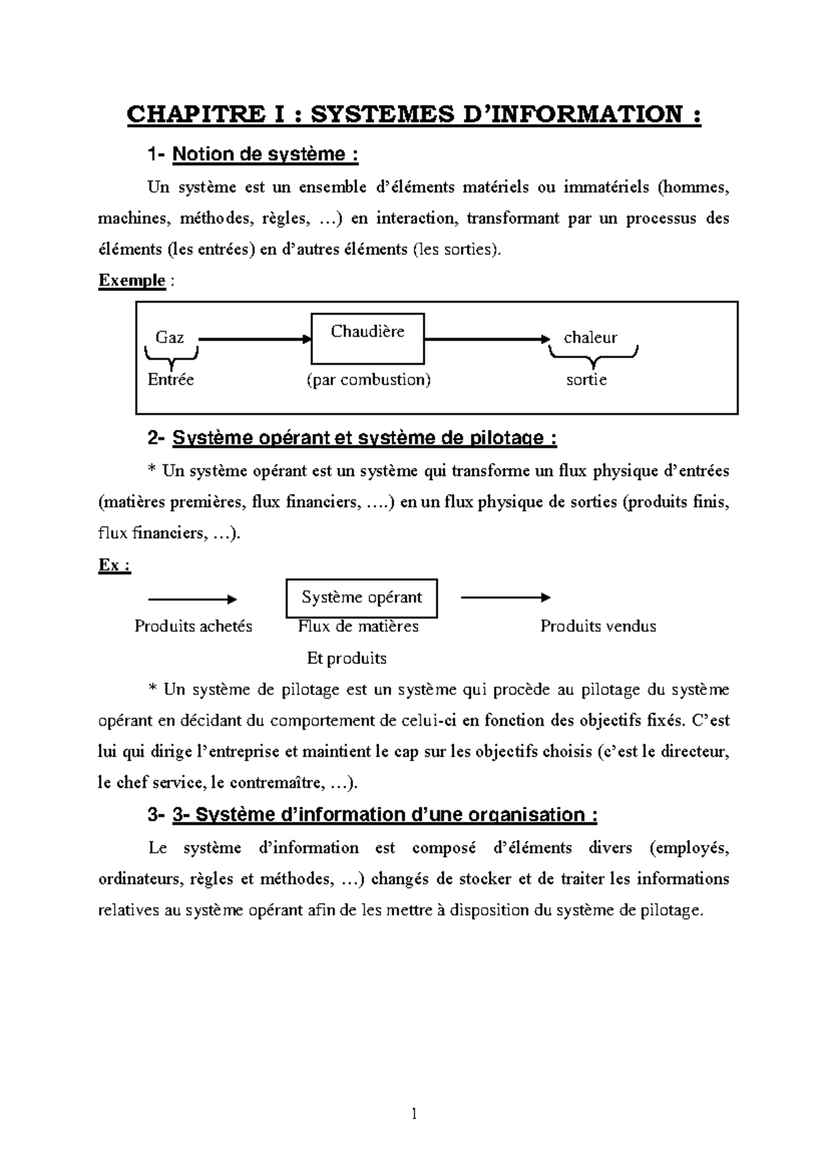 Chapitre I SI - CHAPITRE I : SYSTEMES D’INFORMATION : 1- Notion de ...