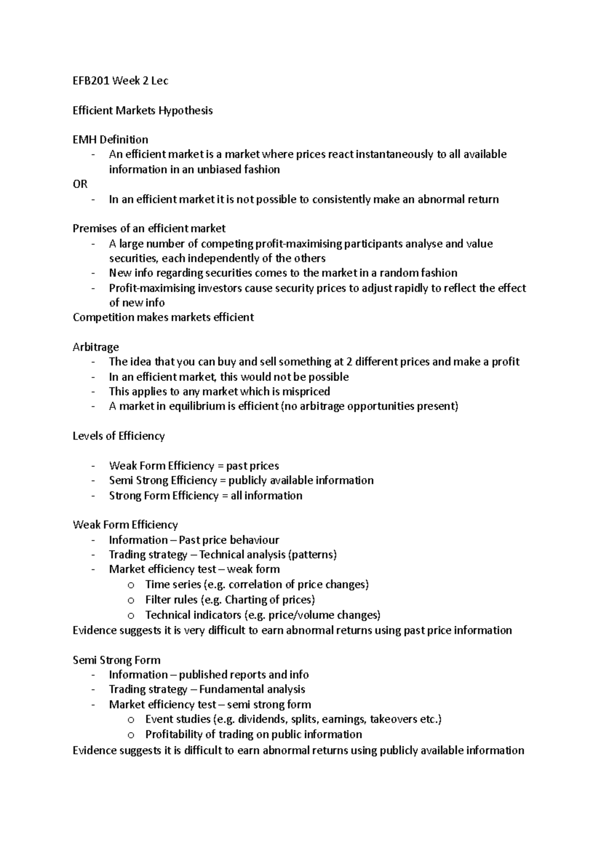EFB201 Week 2 Lecture Notes - EFB201 Week 2 Lec Efficient Markets ...