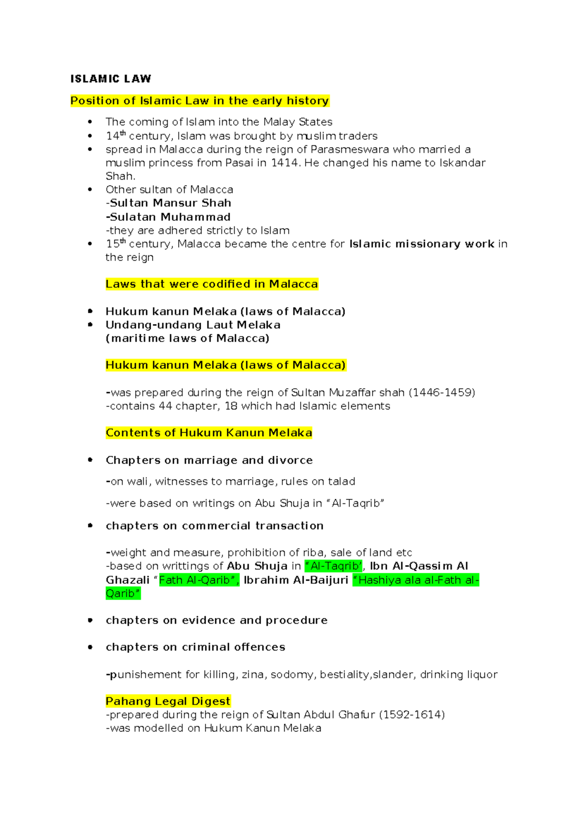 Islamic LAW-notes - notes - ISLAMIC LAW Position of Islamic Law in the ...