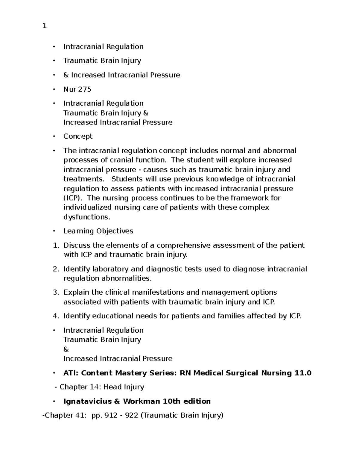 Intracranial Regulation 275 - Intracranial Regulation Traumatic Brain ...
