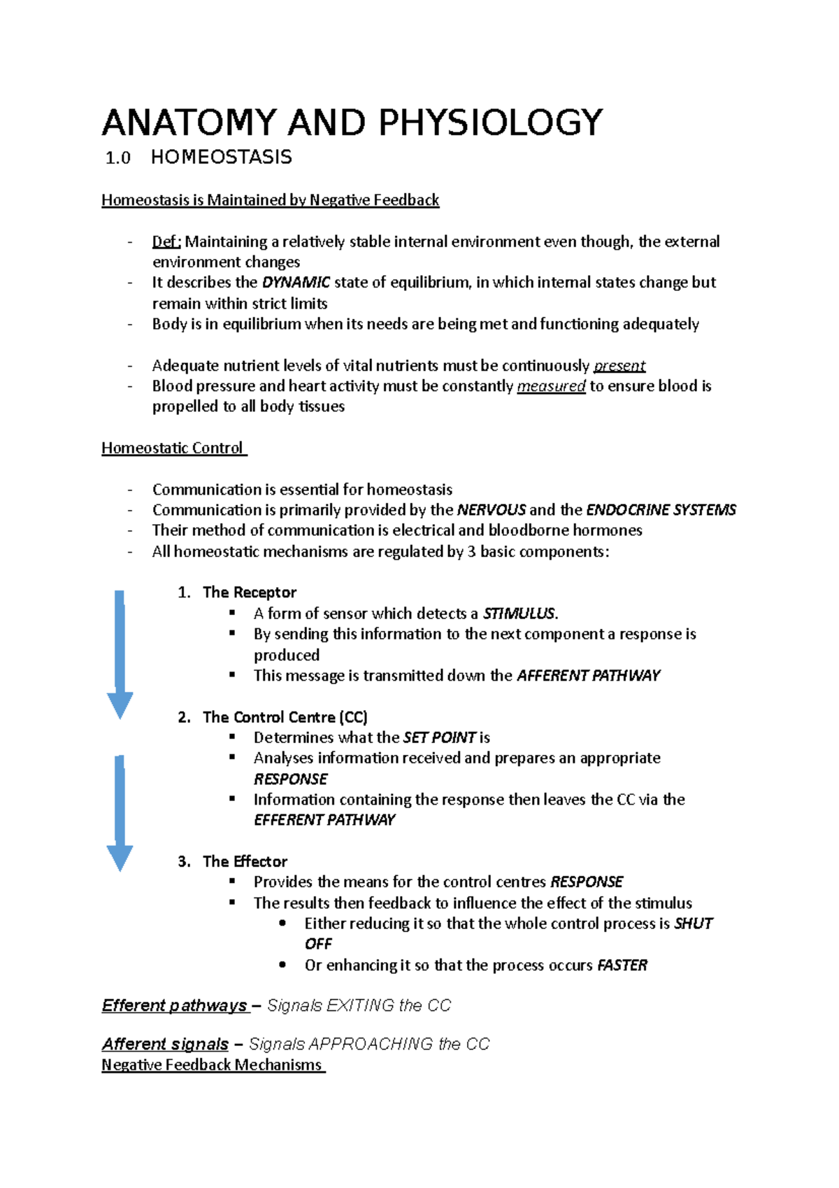 Homeostasis - Lecture Notes - ANATOMY AND PHYSIOLOGY 1 HOMEOSTASIS ...