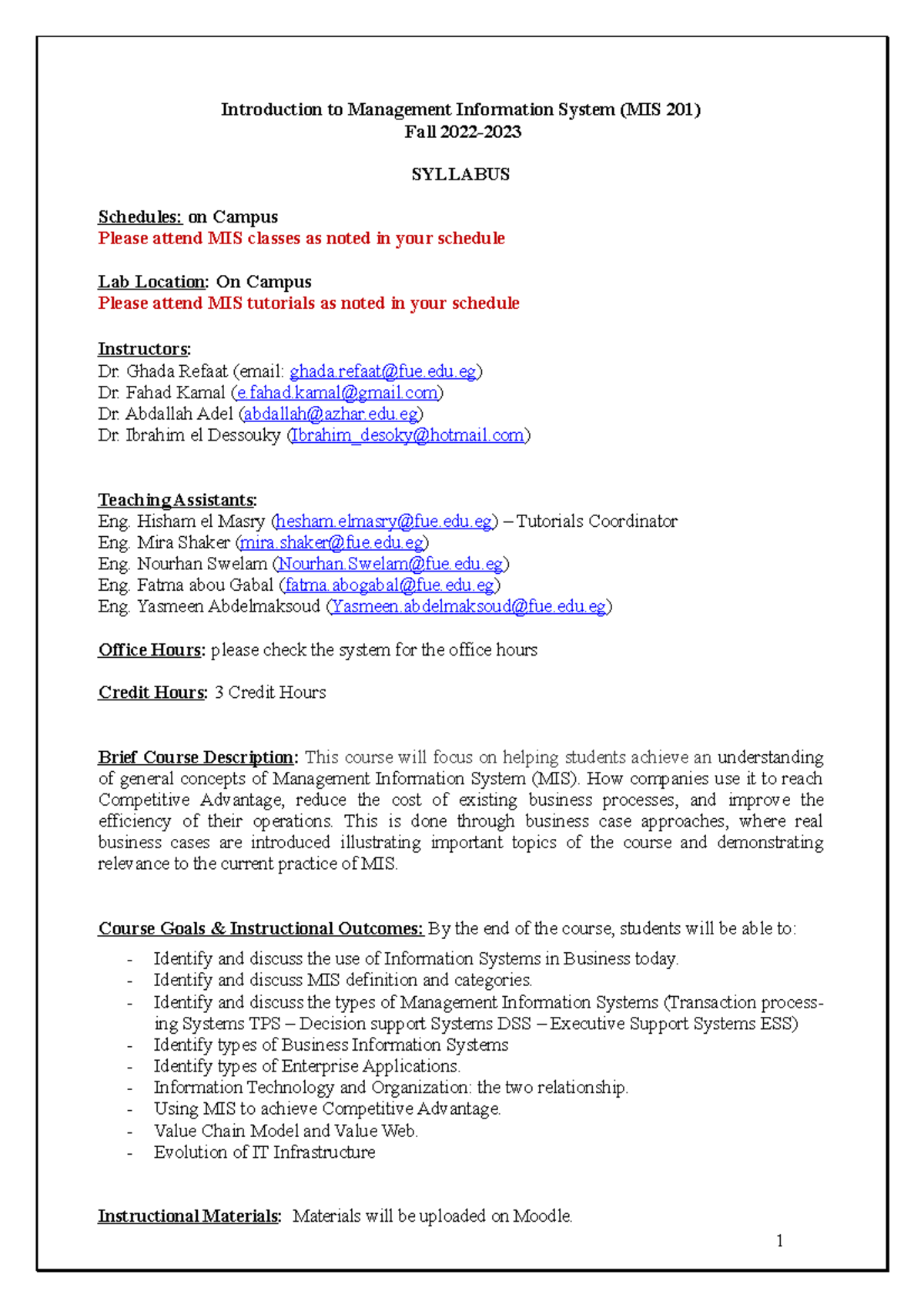 MIS201 Syllabus Spring 2022 2023 - Introduction to Management Information System (MIS 201) Fall ...