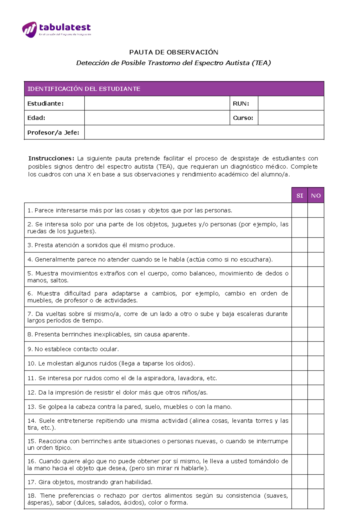 TEA - DEA - PAUTA DE OBSERVACIÓN Detección de Posible Trastorno del ...