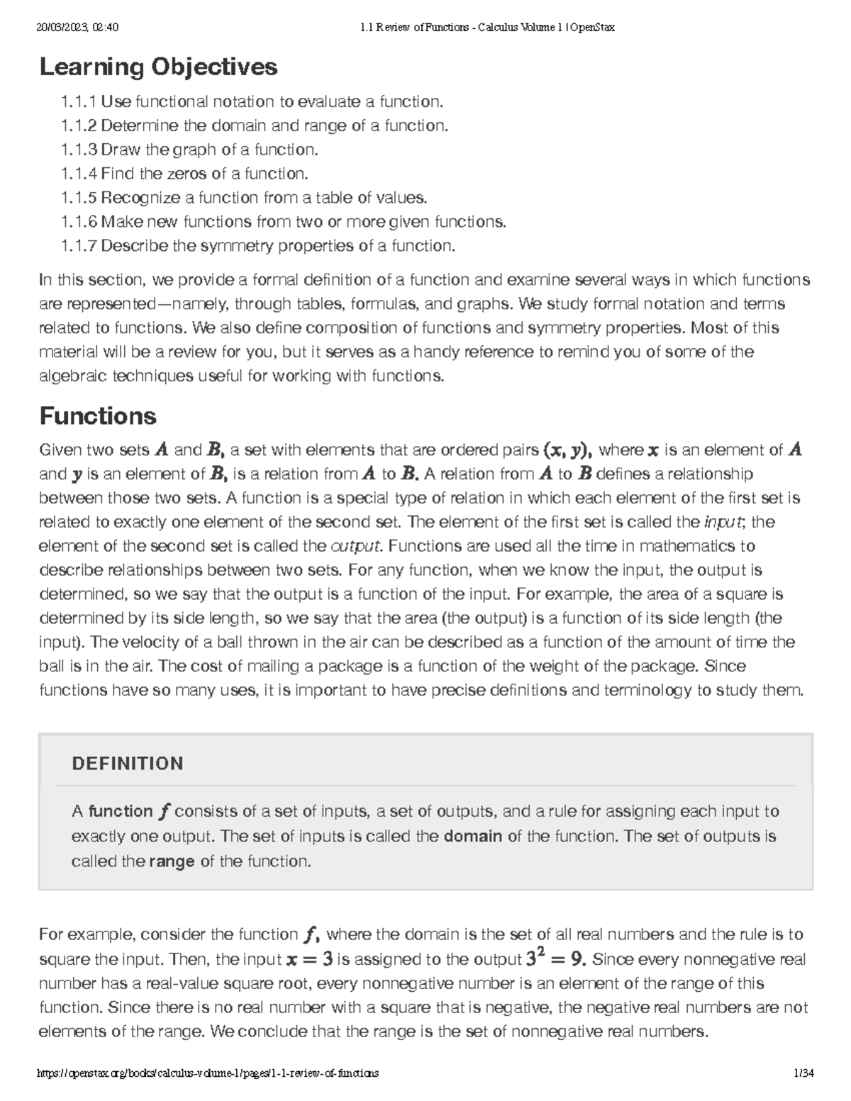 1.1 Review of Functions - Calculus Volume 1 Open Stax - Learning ...