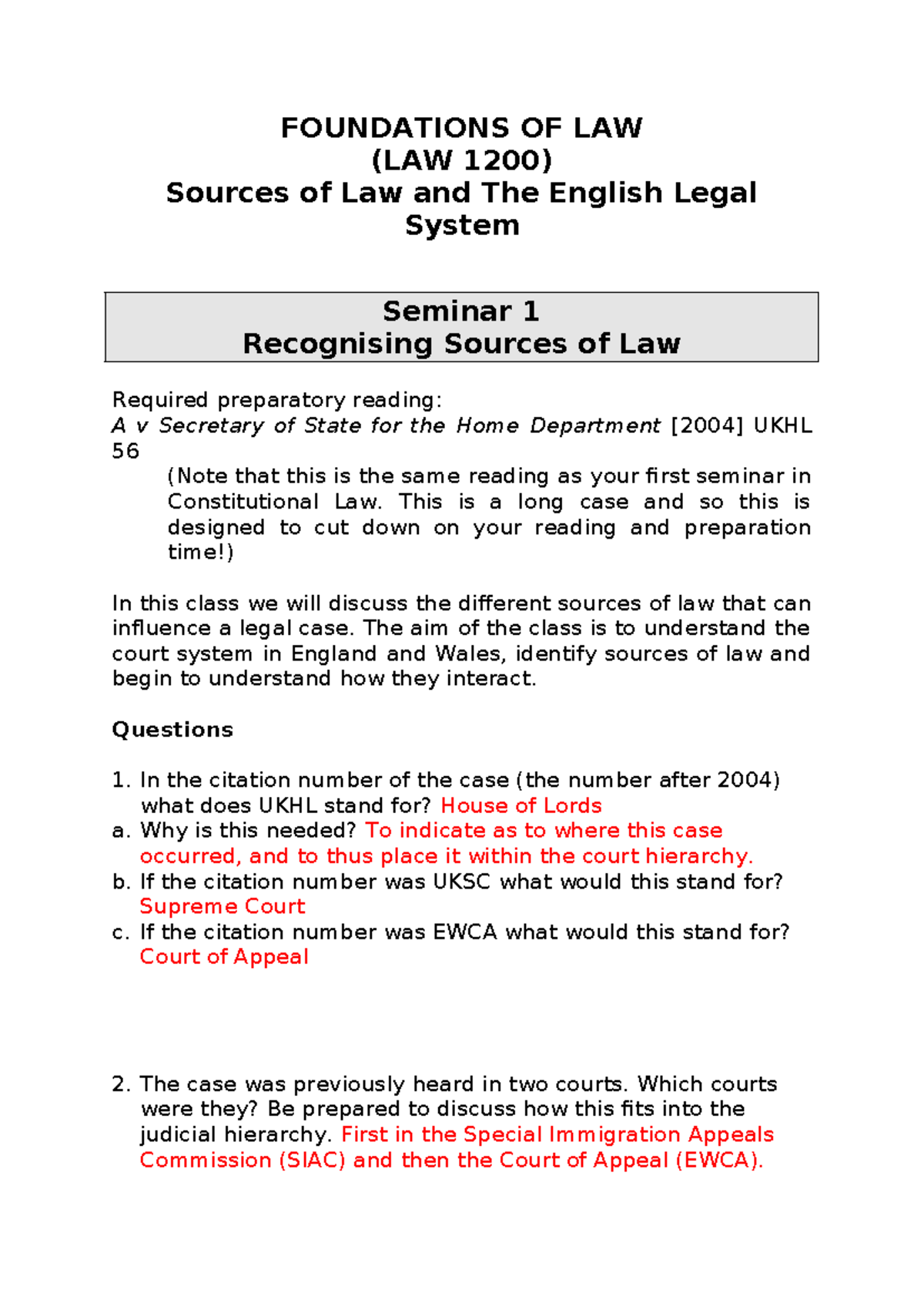 Seminar 1 - Sources of Law - FOUNDATIONS OF LAW (LAW 1200) Sources of ...