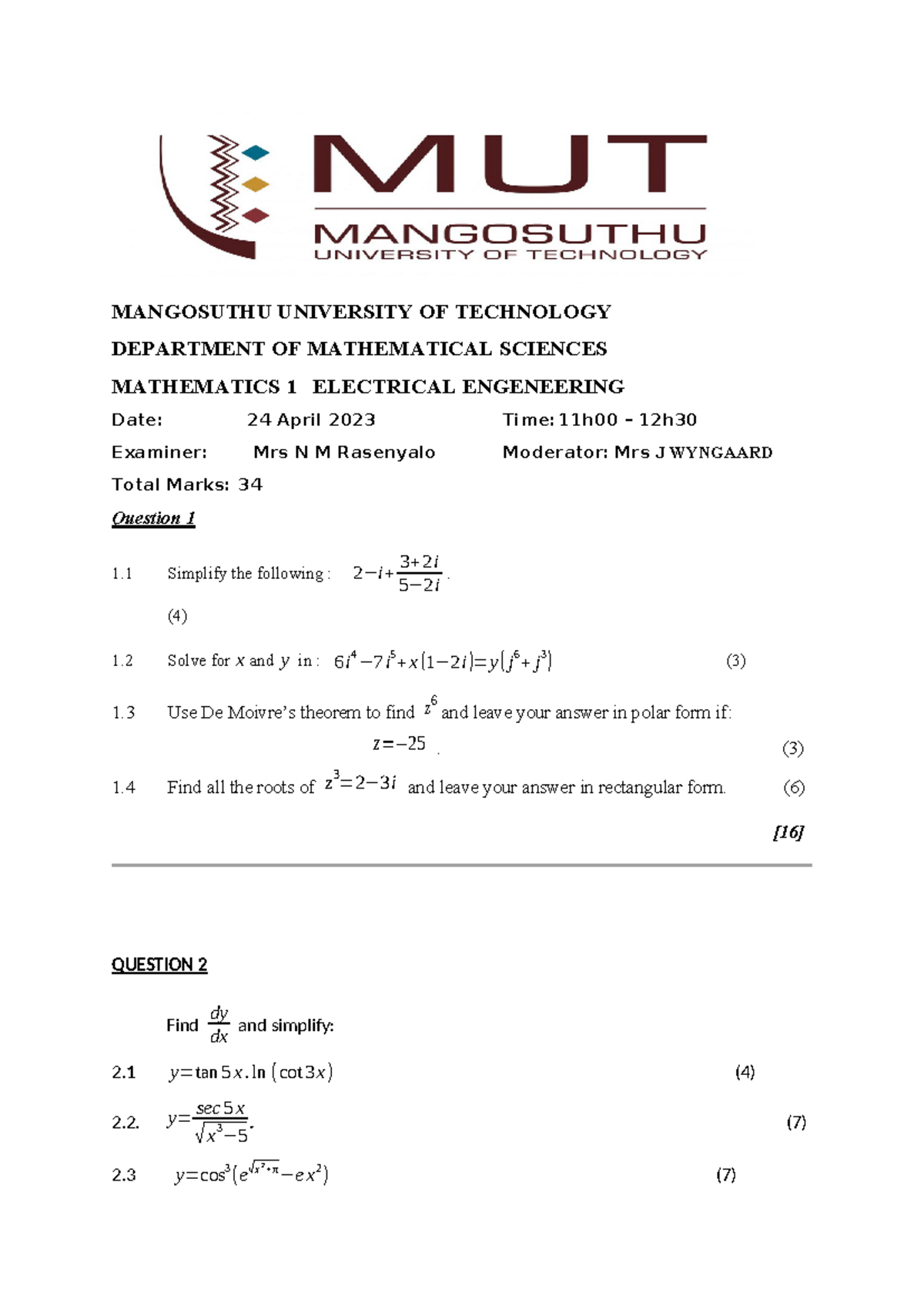 Elec test 2 2023 with memo - MANGOSUTHU UNIVERSITY OF TECHNOLOGY ...