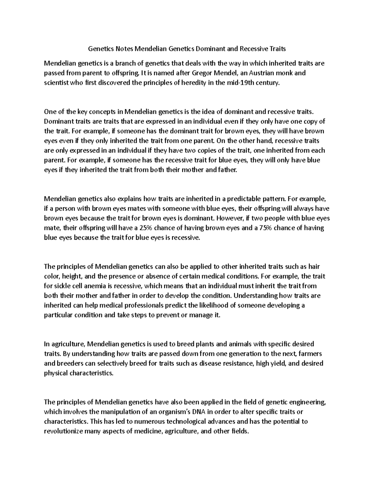 Genetics Notes Mendelian Genetics Dominant and Recessive Traits - It is ...