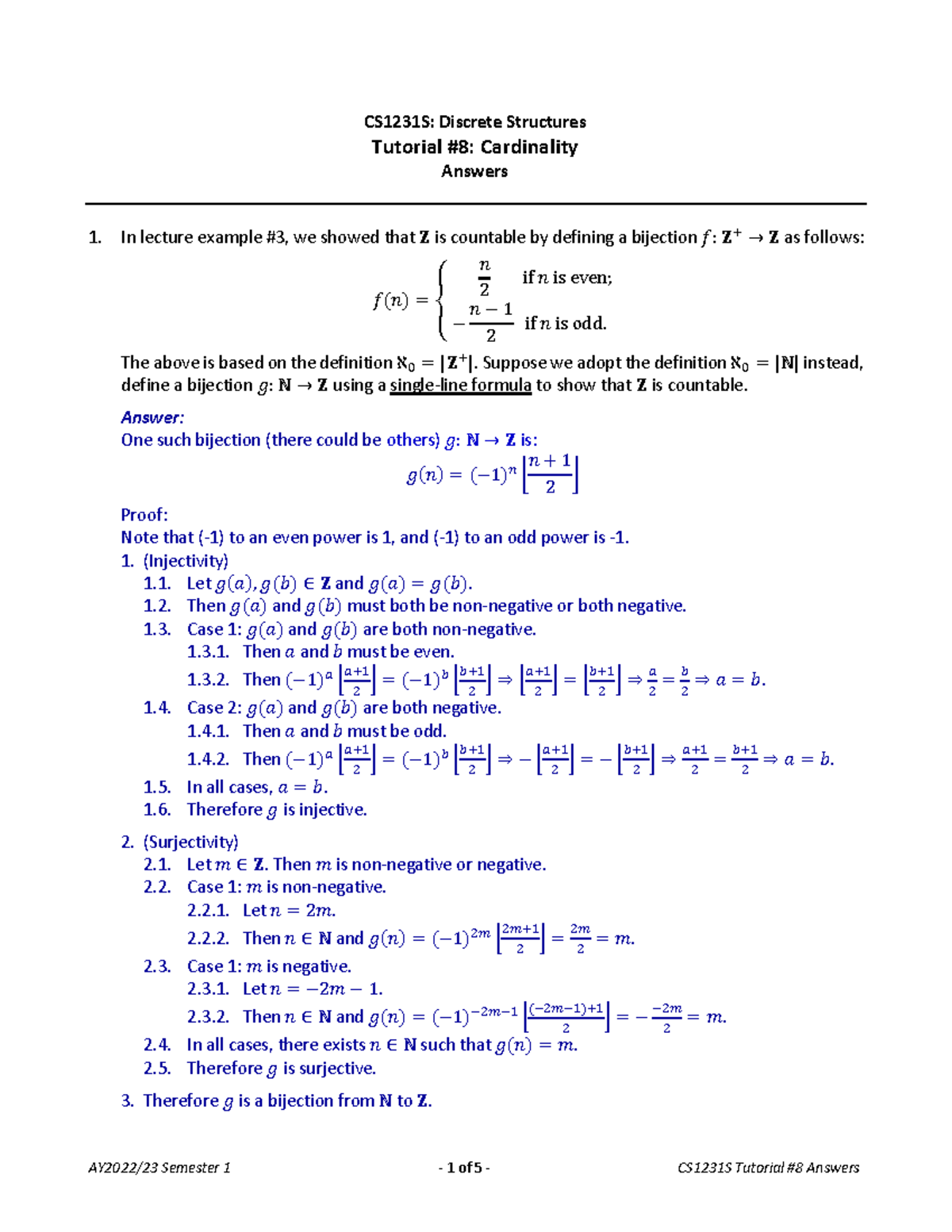 Tutorial 08 Sols Cs1231s Discrete Structures Tutorial 8 Cardinality Answers In Lecture 4746