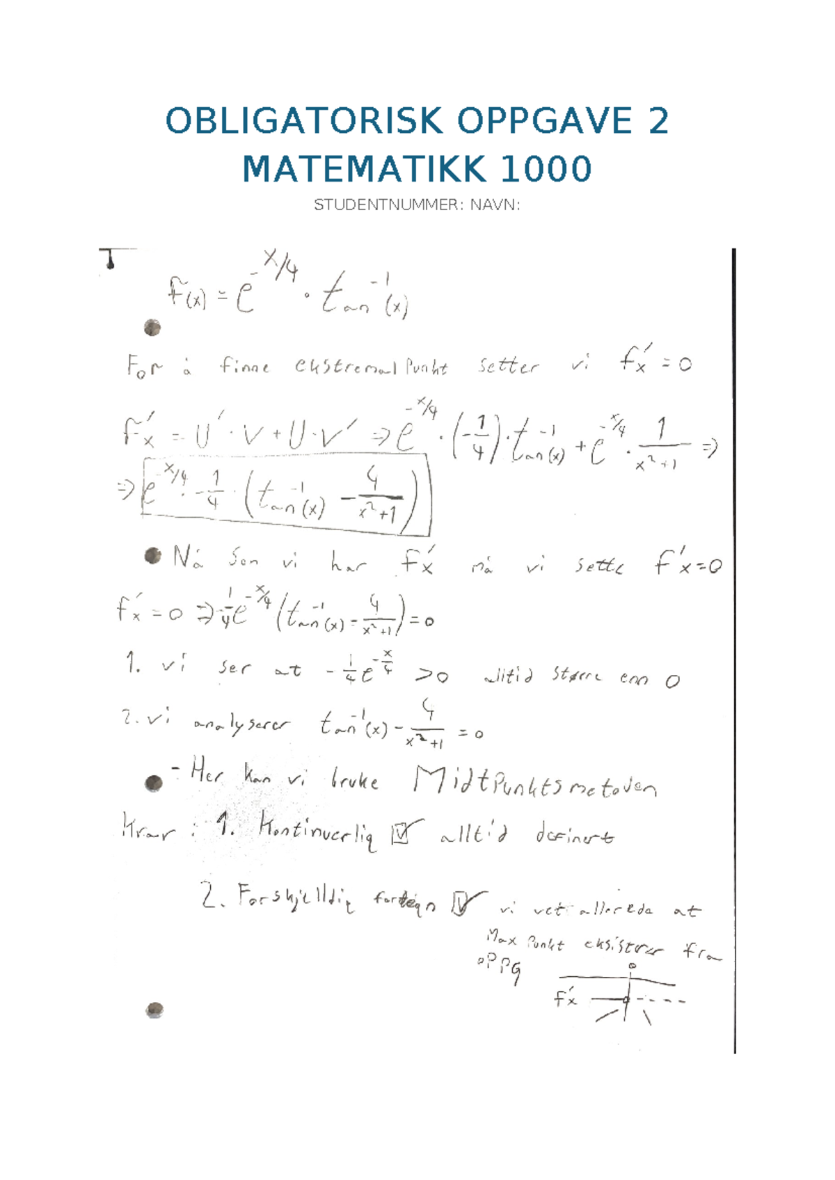 Obligatorisk oppgave 2 Matematikk 1000 - DAFE1000 - OBLIGATORISK OPPGAVE 2 MATEMATIKK 1000 - Studocu