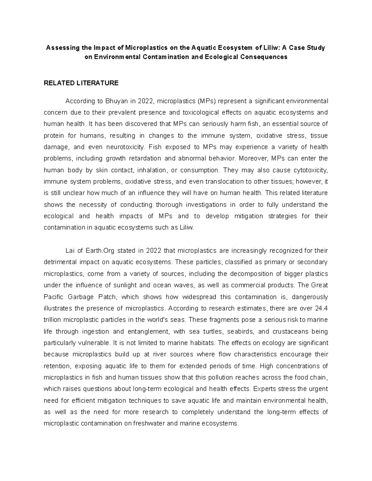 Assessing The Impact Of Microplastics On The Aquatic Ecosystem Of Liliw
