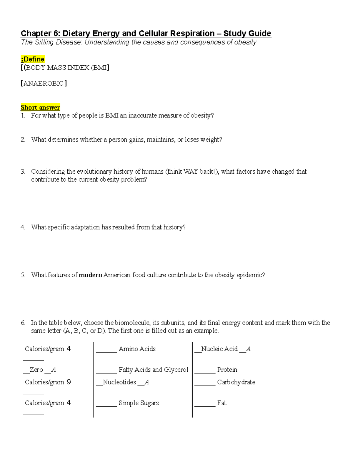 Ch. 6 study guide - Chapter 6: Dietary Energy and Cellular Respiration ...