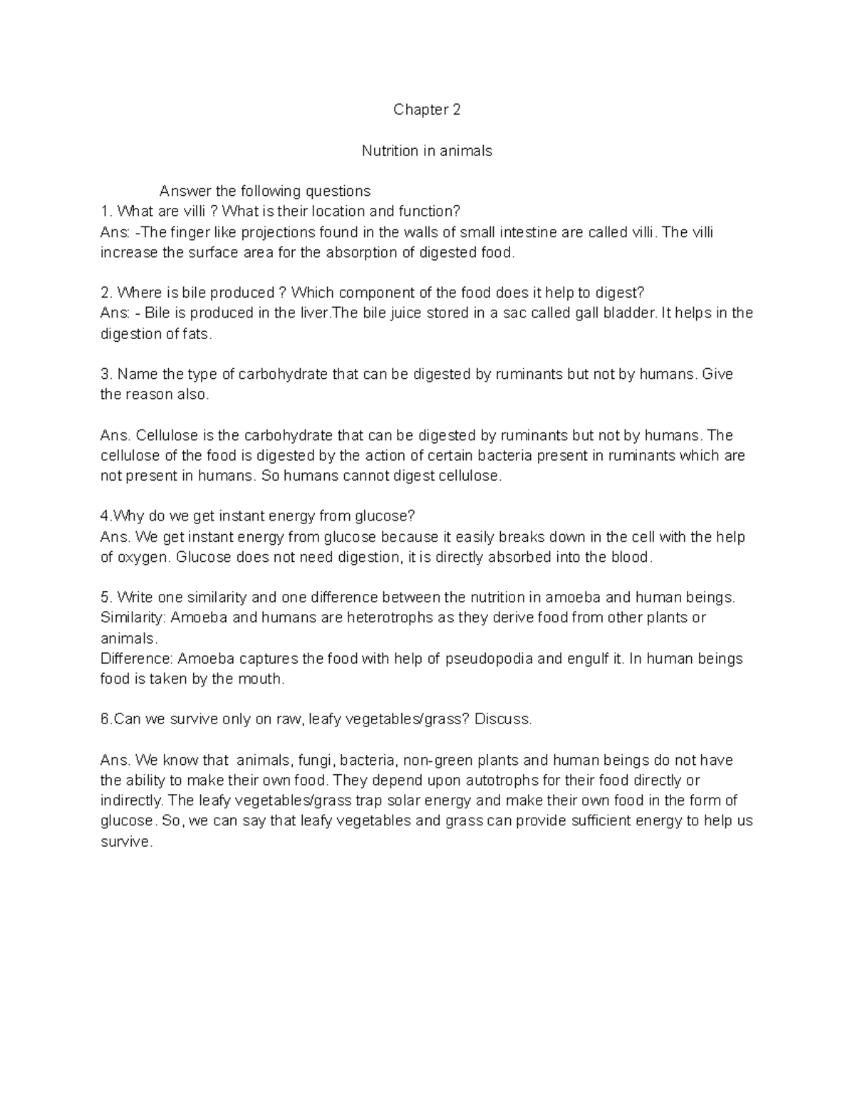 Nutrition in Animals - Chapter 2 Nutrition in animals Answer the ...