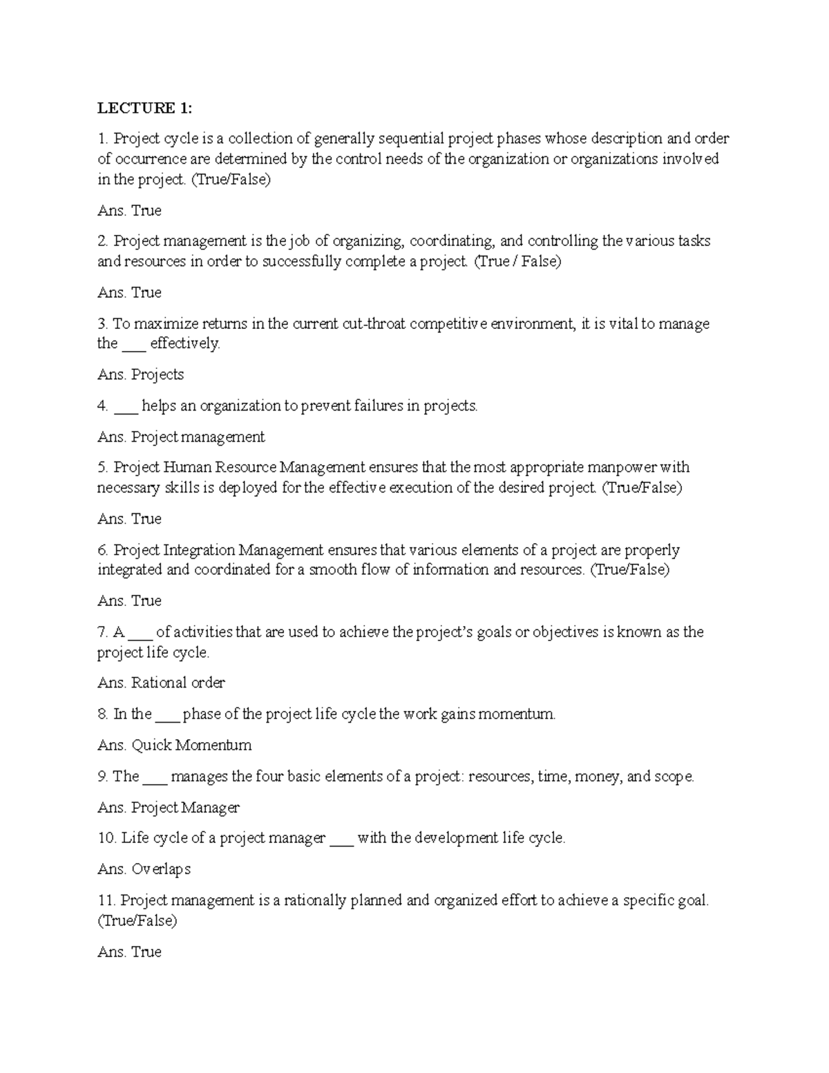 Multiple choices - Project Management study materials - LECTURE 1 ...
