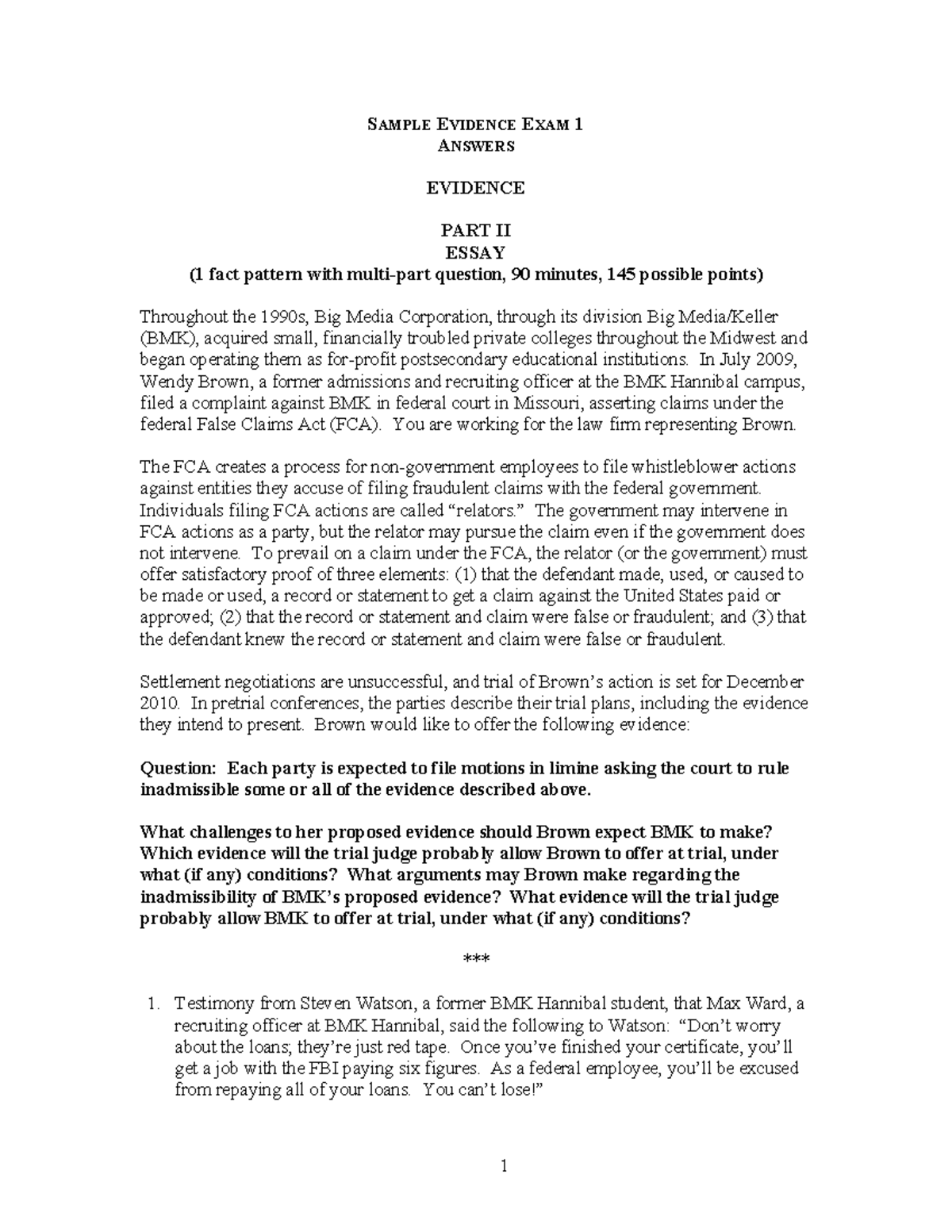 Sample Evidence 1Answer - SAMPLE EVIDENCE EXAM 1 ANSWERS EVIDENCE PART ...